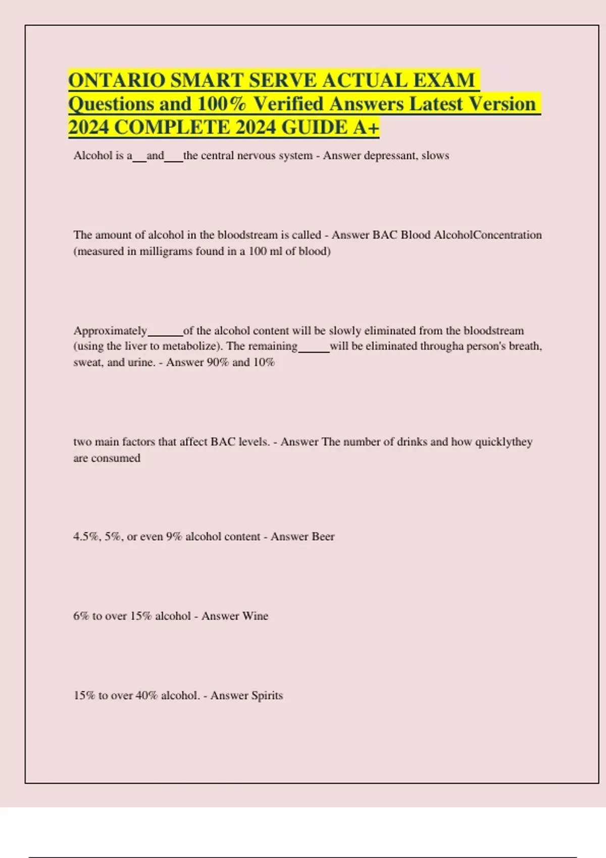 ONTARIO SMART SERVE ACTUAL EXAM Questions and 100- Verified Answers ...