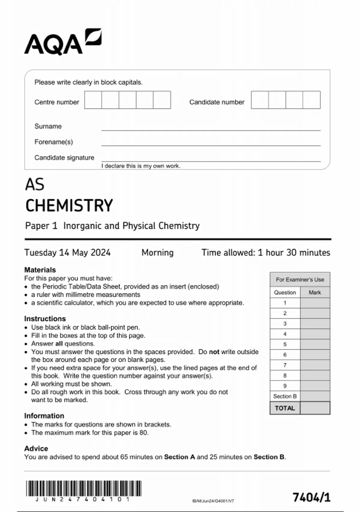 AQA AS CHEMISTRY PAPER 1 QUESTION PAPER 2024 (7404/1: Inorganic and ...