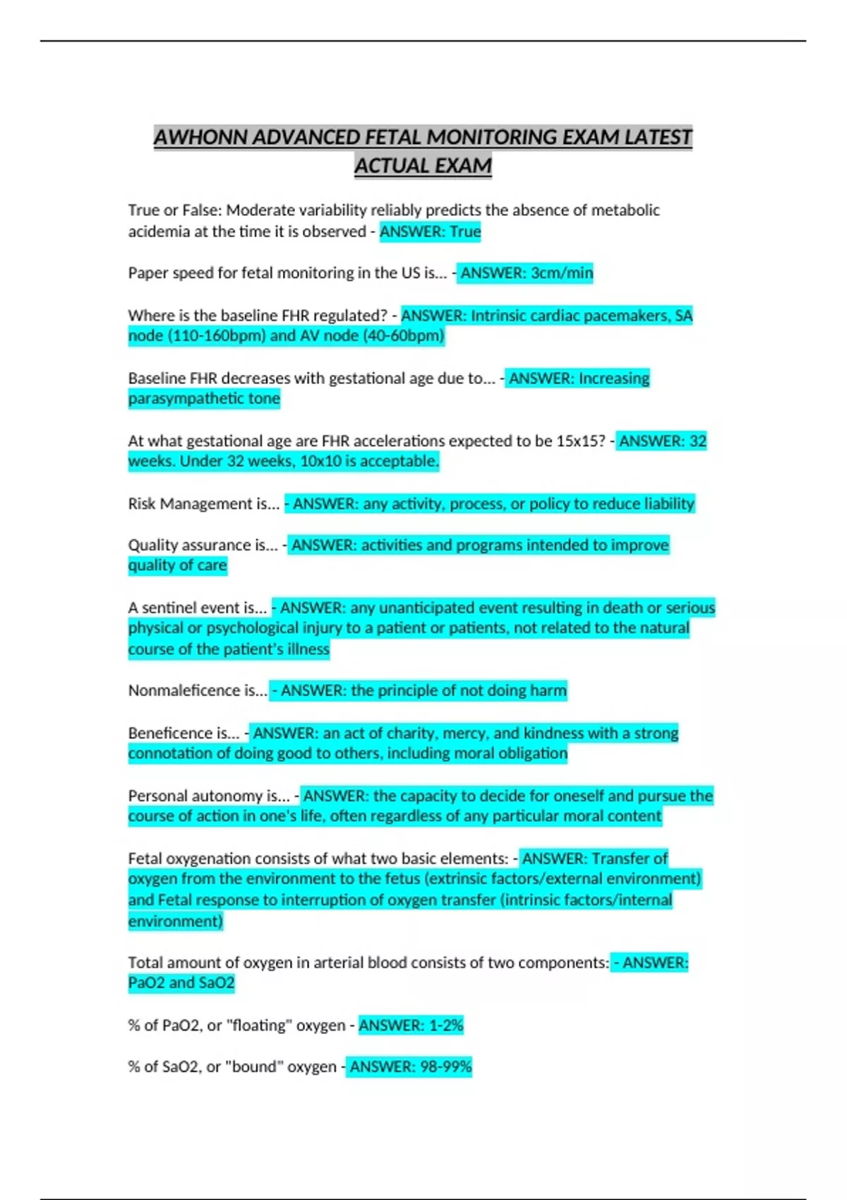 AWHONN ADVANCED FETAL MONITORING EXAM LATEST ACTUAL EXAM - AWHONN ...
