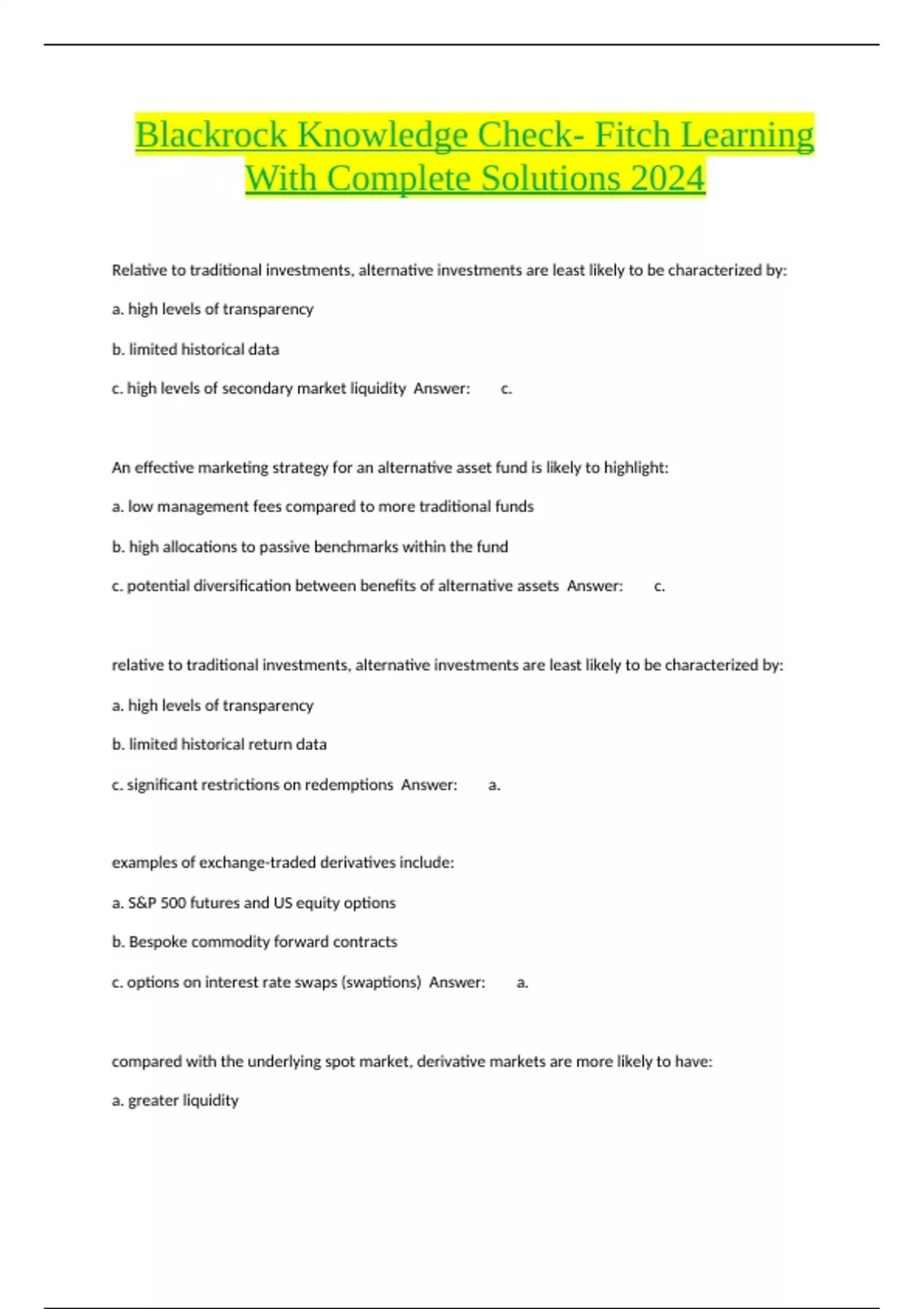 Blackrock Knowledge Check- Fitch Learning With Complete Solutions 2024 ...