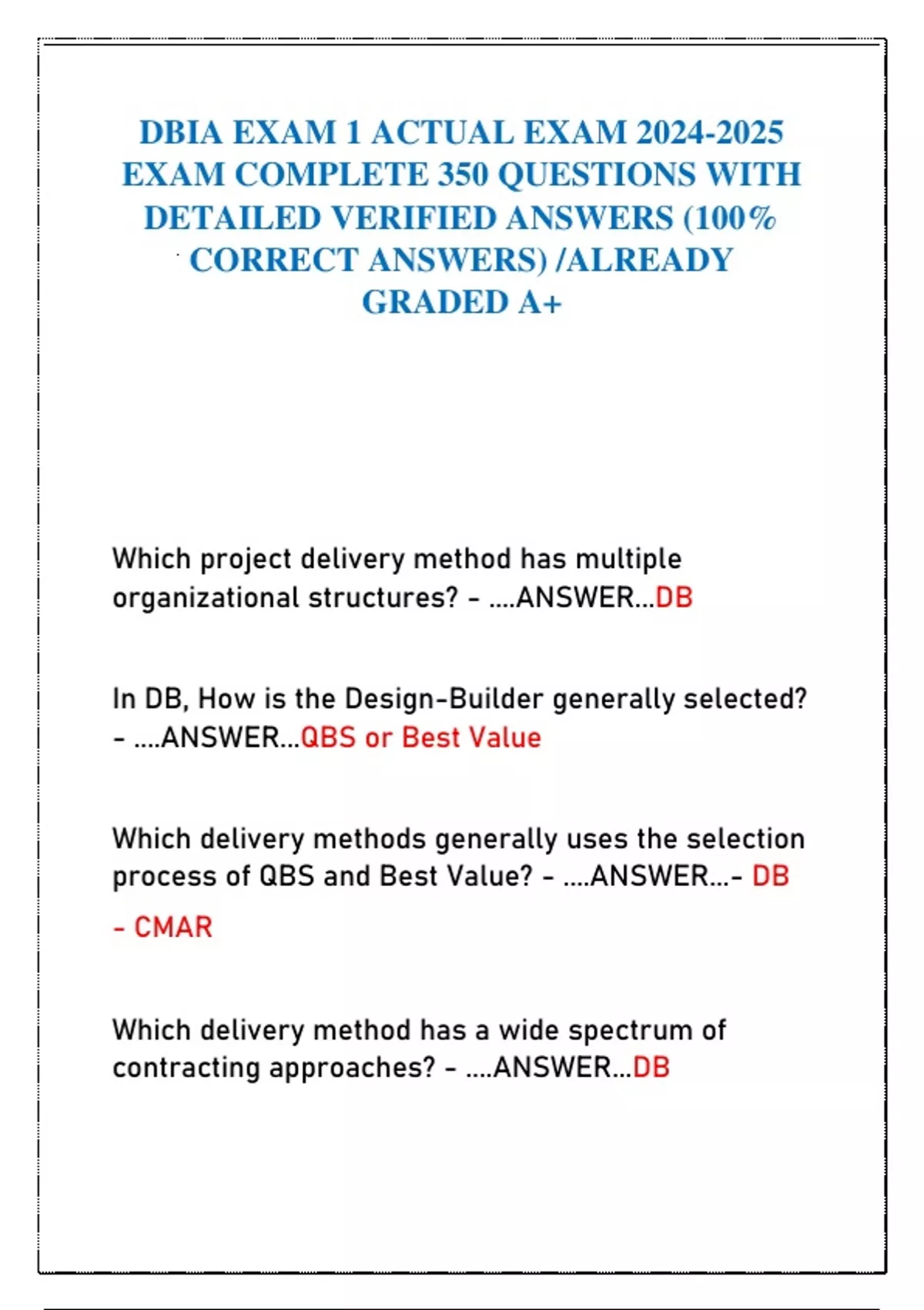 DBIA EXAM 1 ACTUAL EXAM EXAM COMPLETE 350 QUESTIONS WITH DETAILED ...