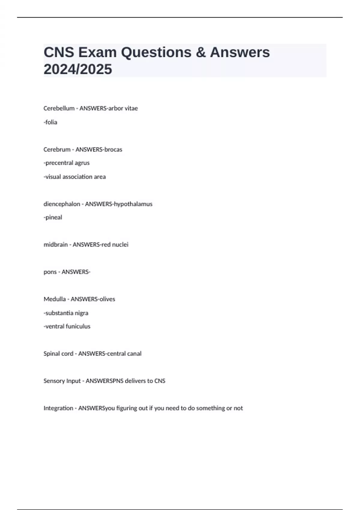 CNS Exam Questions & Answers 2024/2025 - CNS - Stuvia US