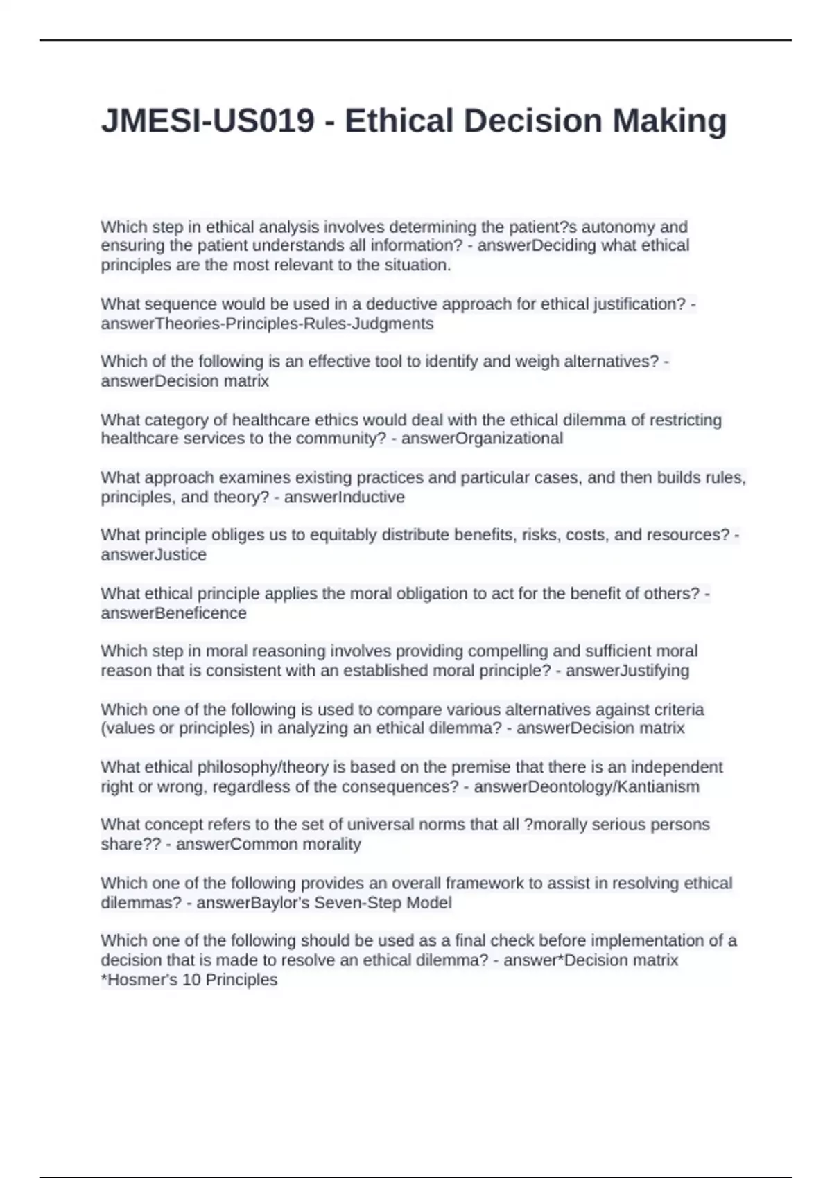 JMESI-US019 - Ethical Decision Making Questions and Answers 2024 ...