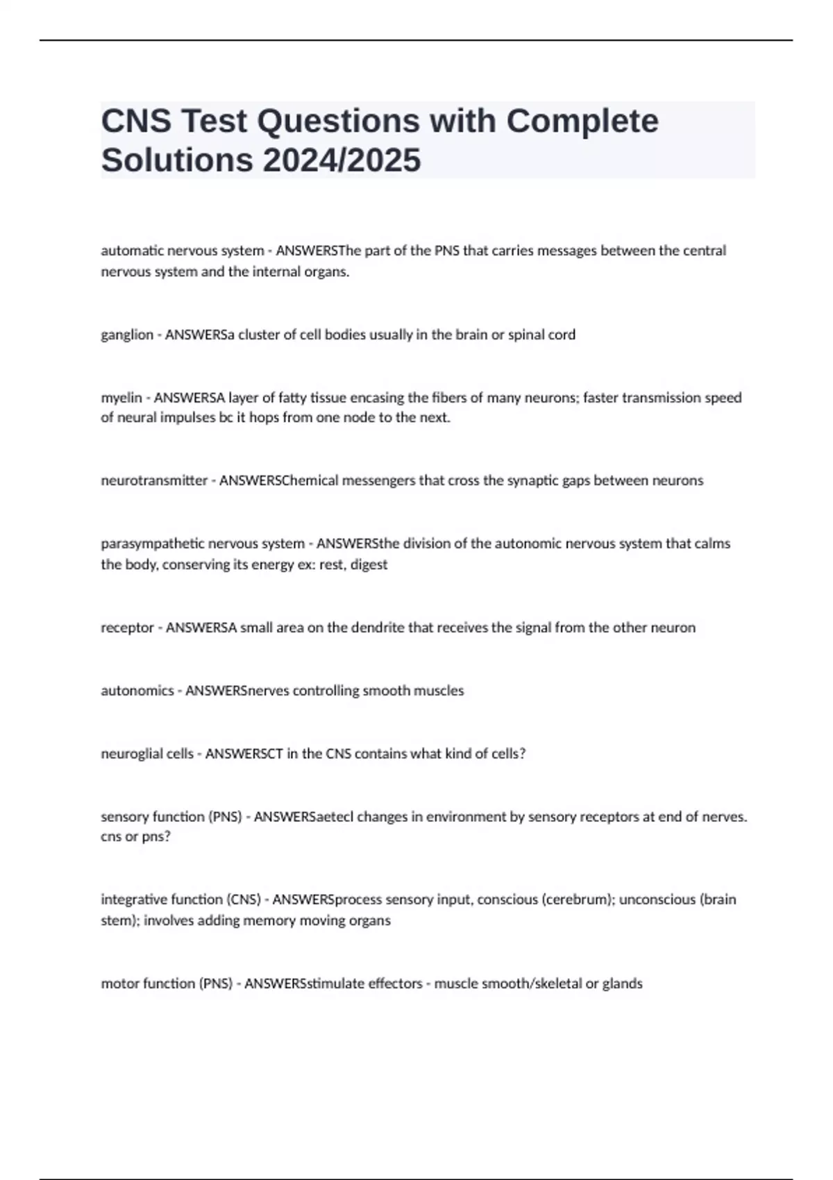 CNS Test Questions with Complete Solutions 2024/2025 - CNS - Stuvia US