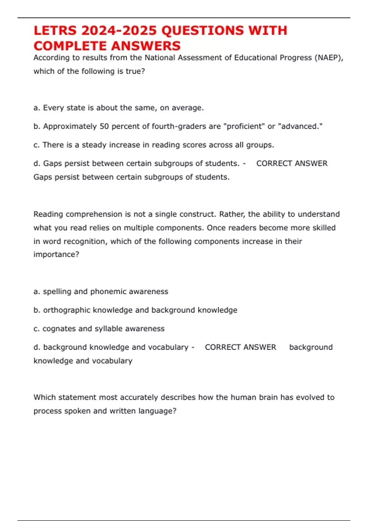 LETRS QUESTIONS WITH COMPLETE ANSWERS - Letrs - Stuvia US