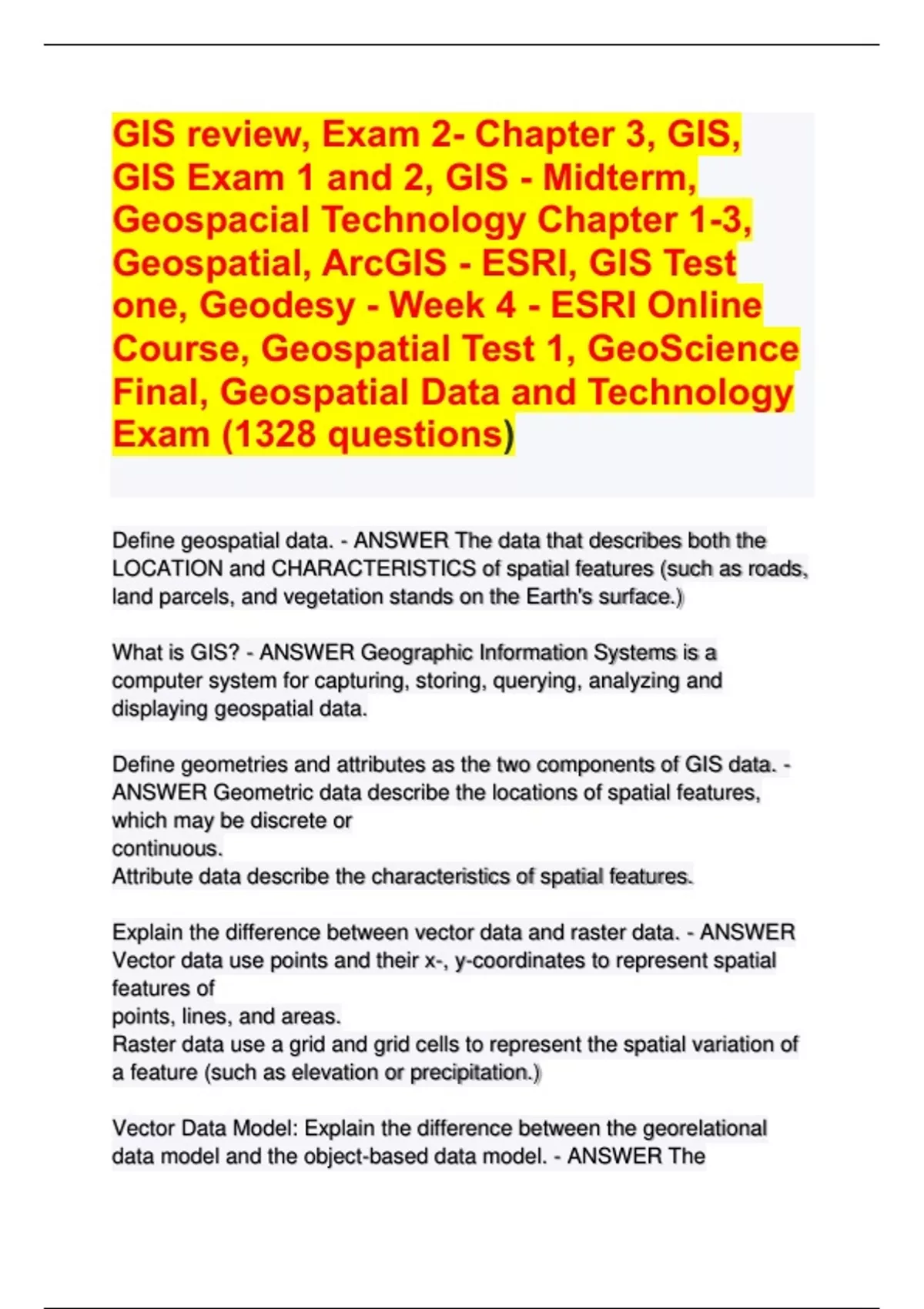 GIS review, Exam 2- Chapter 3, GIS, GIS Exam 1 and 2, GIS - Midterm, Geospacial Technology ...