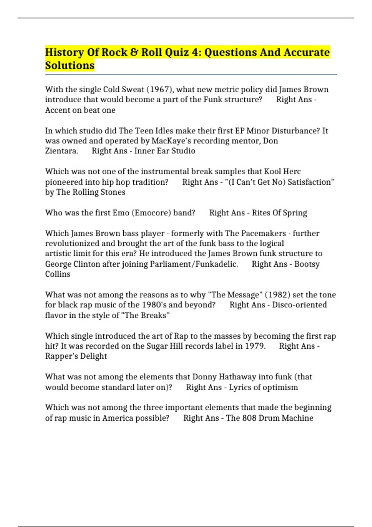 History Of Rock & Roll Quiz 4: Questions And Accurate Solutions ...