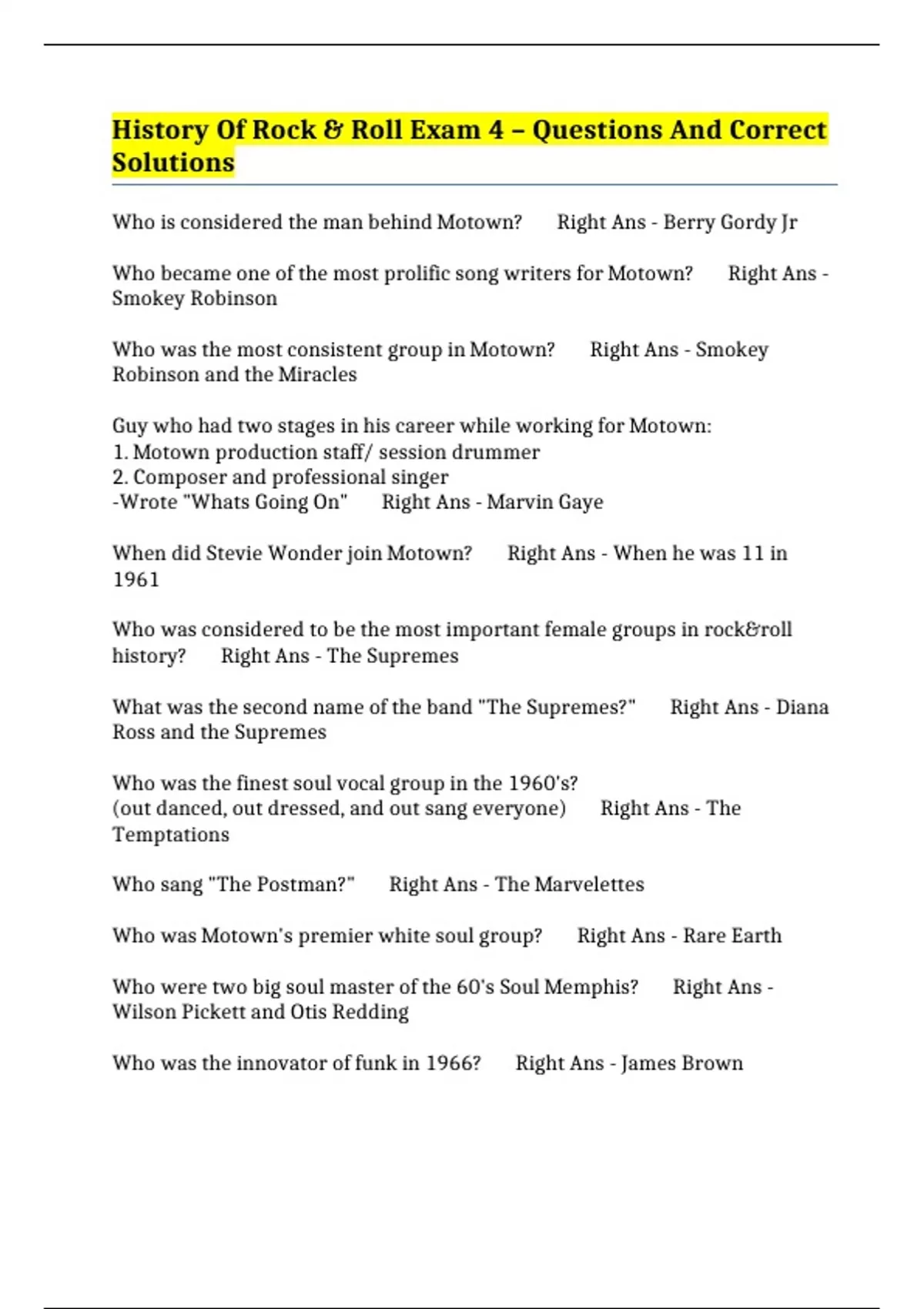 History Of Rock & Roll Exam 4 – Questions And Correct Solutions ...
