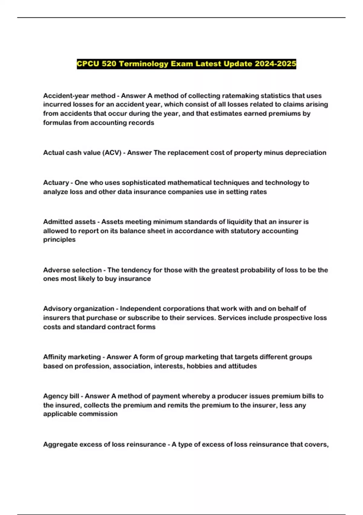 CPCU 520 Terminology Exam Latest Update - CPCU 520 Terminology - Stuvia US