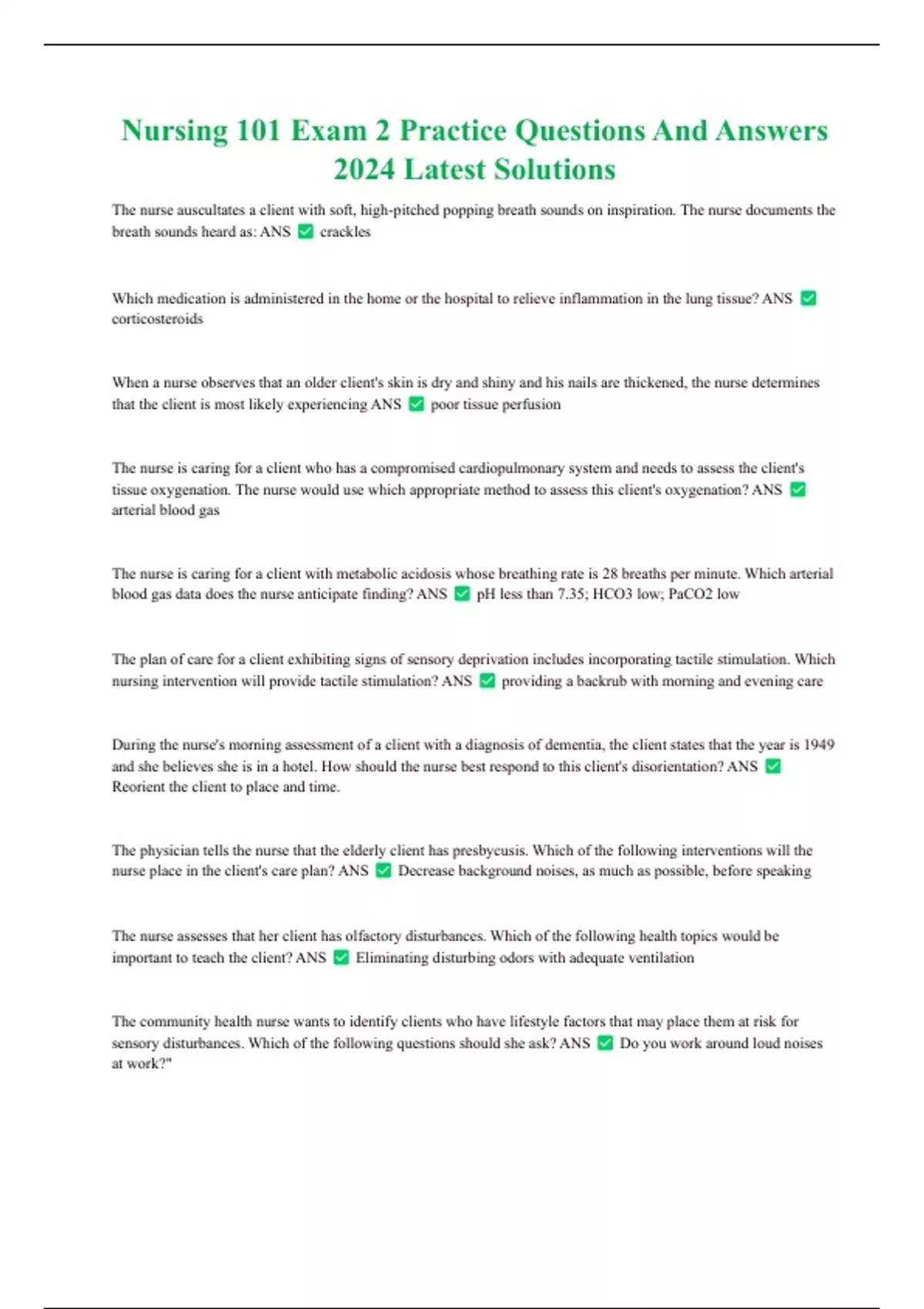 Nursing 101 Exam 2 Practice Questions And Answers 2024 Latest Solutions ...
