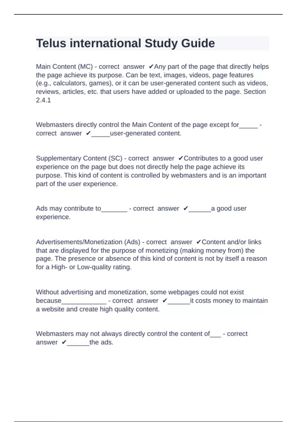 Telus international Study Guide Questions with complete solution 2024/ ...