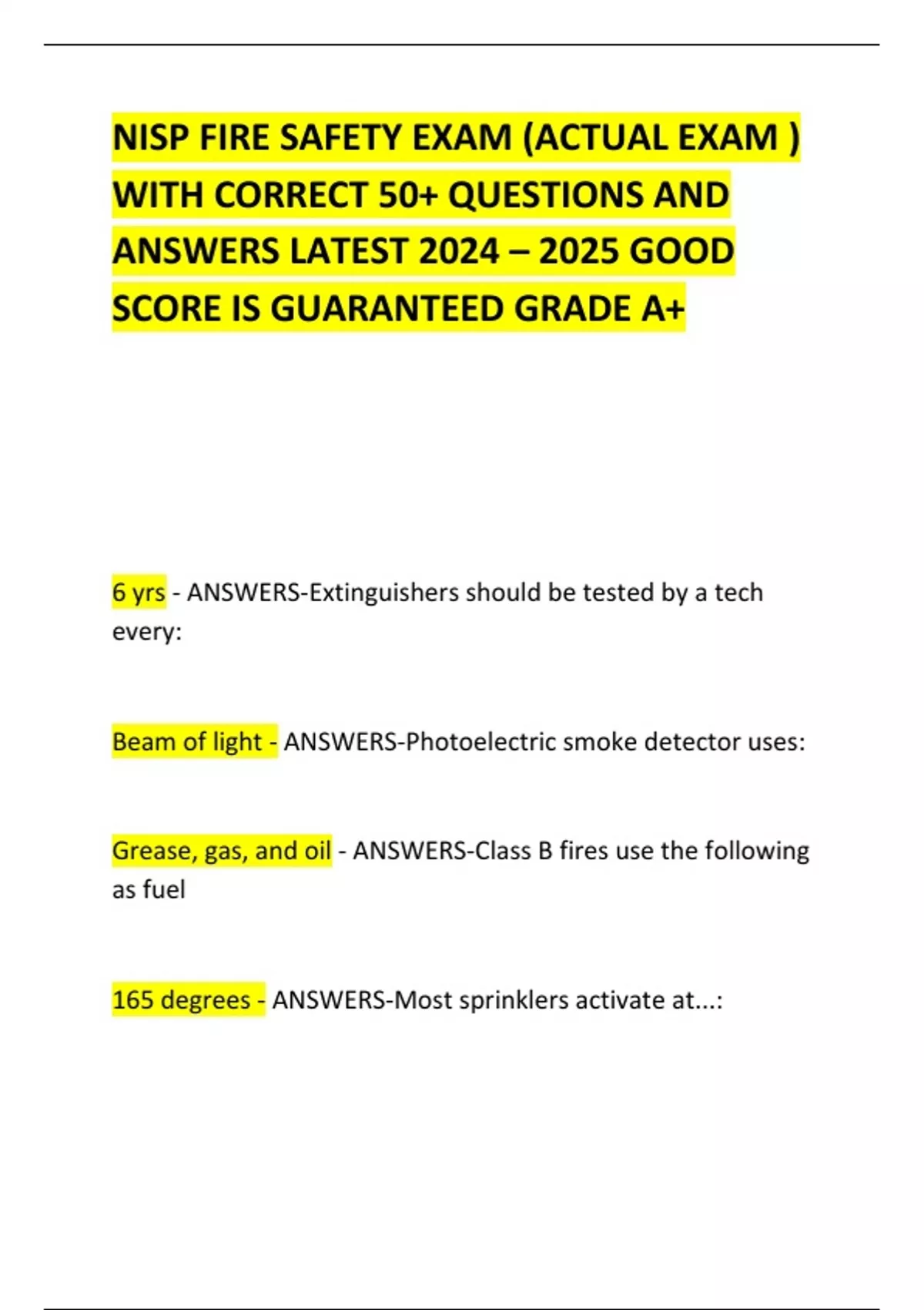 NISP FIRE SAFETY EXAM (ACTUAL EXAM ) WITH CORRECT 50+ QUESTIONS AND ...