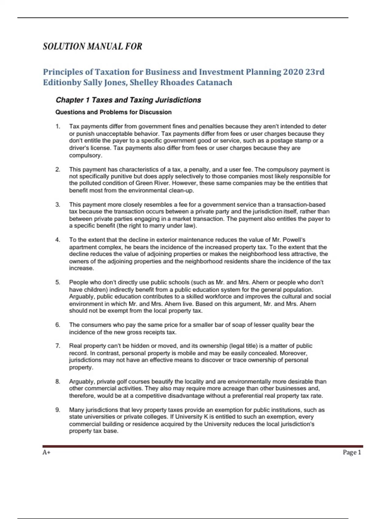 Solution Manual for Principles of Taxation for Business and Investment ...