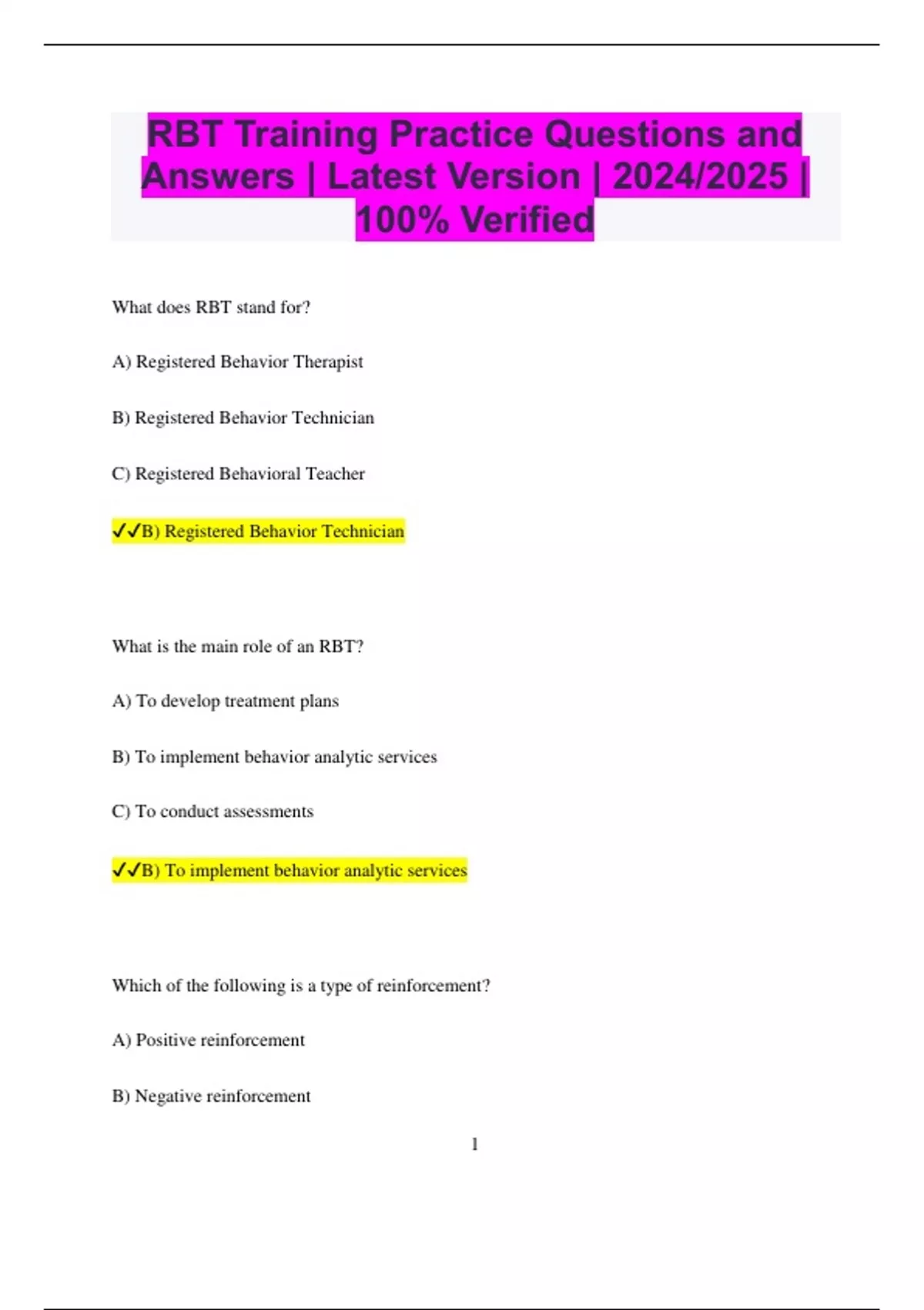 RBT Training Practice Questions and Answers | Latest Version | 2024/ ...