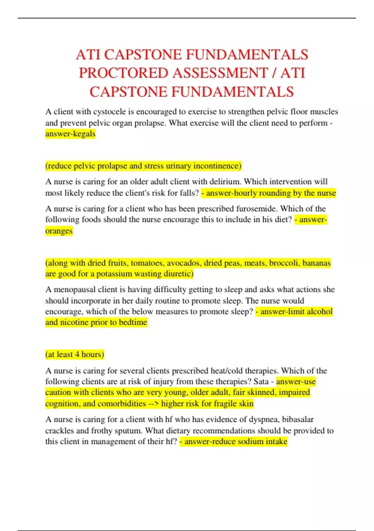 ATI CAPSTONE FUNDAMENTALS PROCTORED ASSESSMENT / ATI CAPSTONE ...