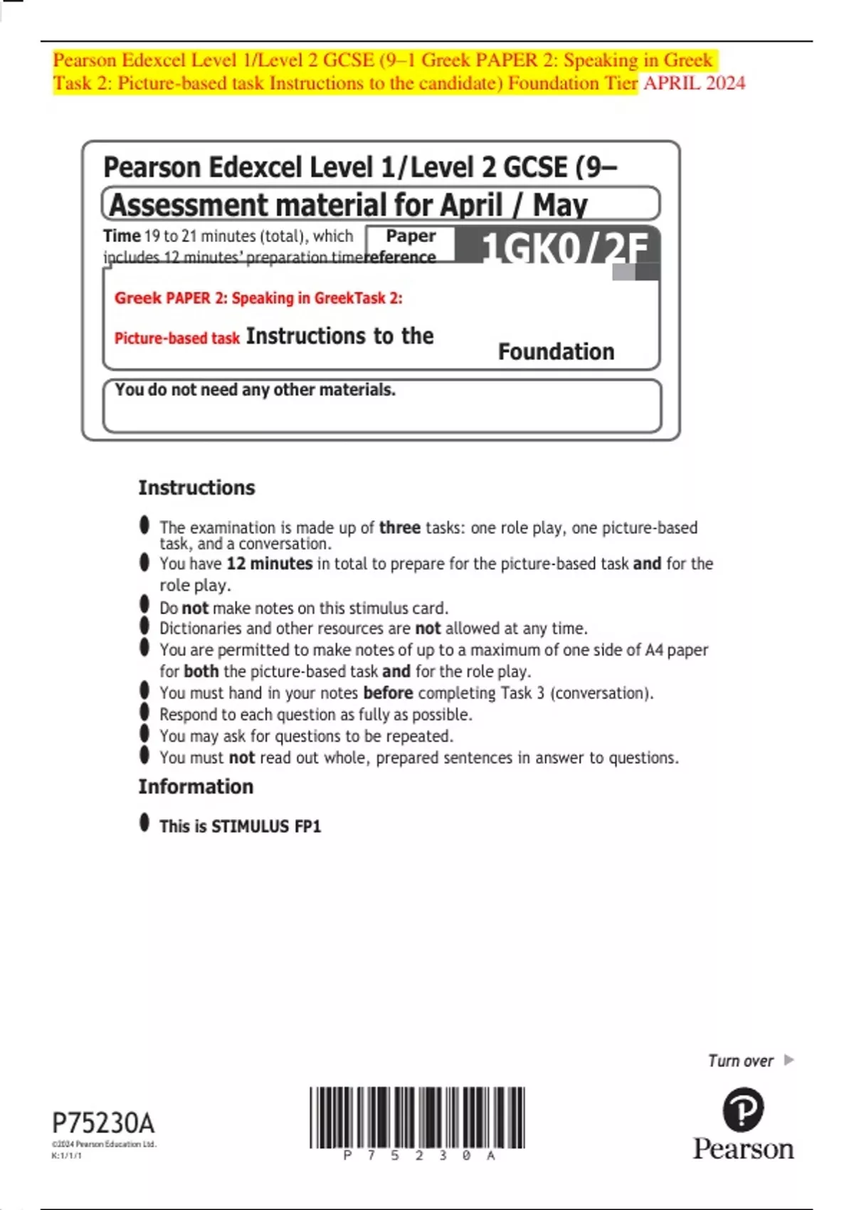 Pearson Edexcel Level 1/Level 2 GCSE (9–1 Greek PAPER 2: Speaking in ...