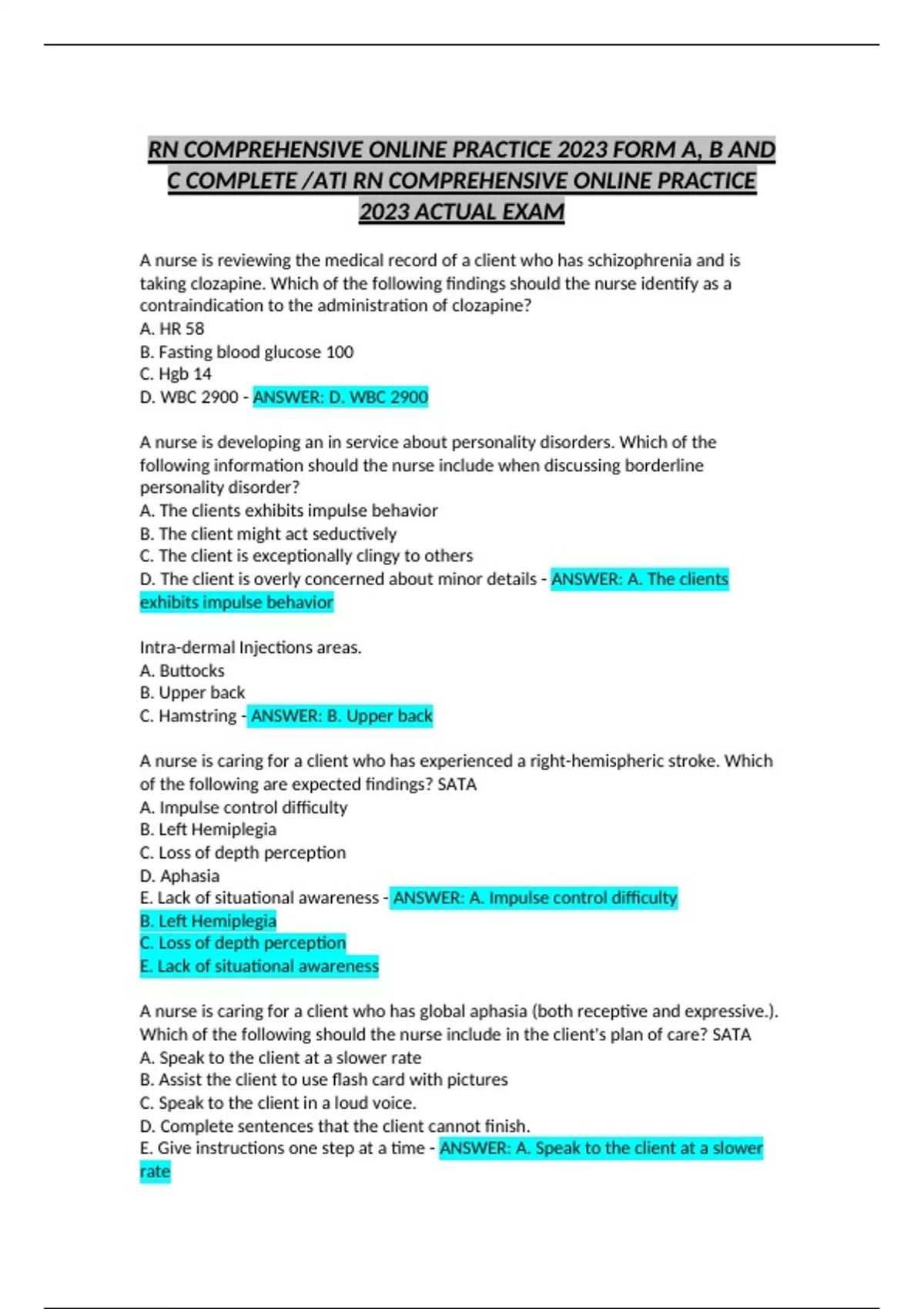RN COMPREHENSIVE ONLINE PRACTICE 2023 FORM A, B AND C COMPLETE / - RN ...