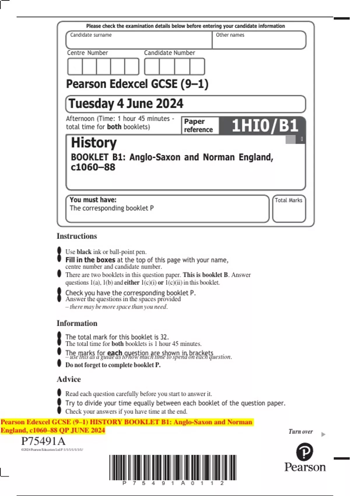 Pearson Edexcel GCSE (9–1) HISTORY BOOKLET B1: Anglo-Saxon and Norman ...