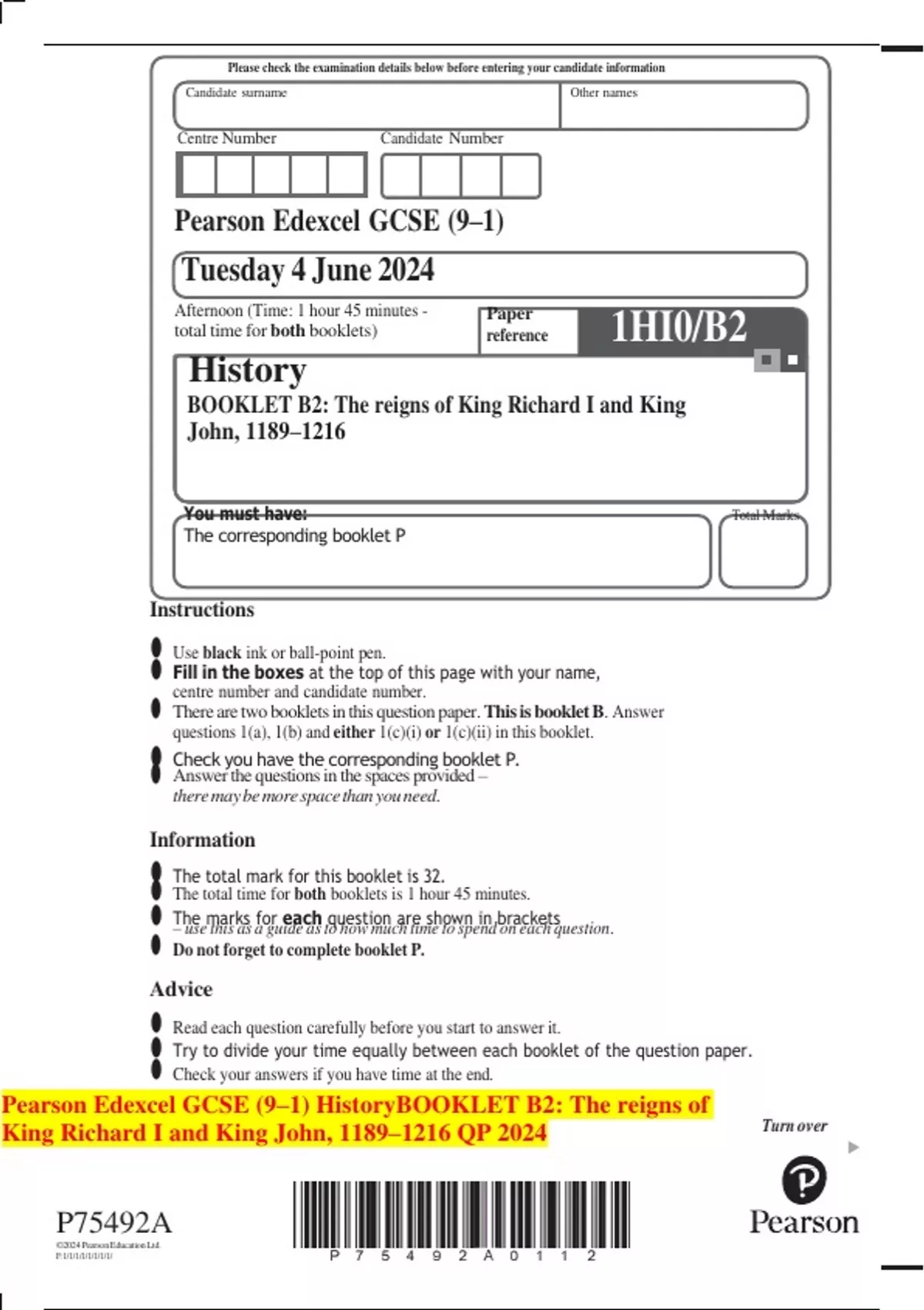 Bundle:Pearson Edexcel GCSE (9–1) History BOOKLET B2: The reigns of ...