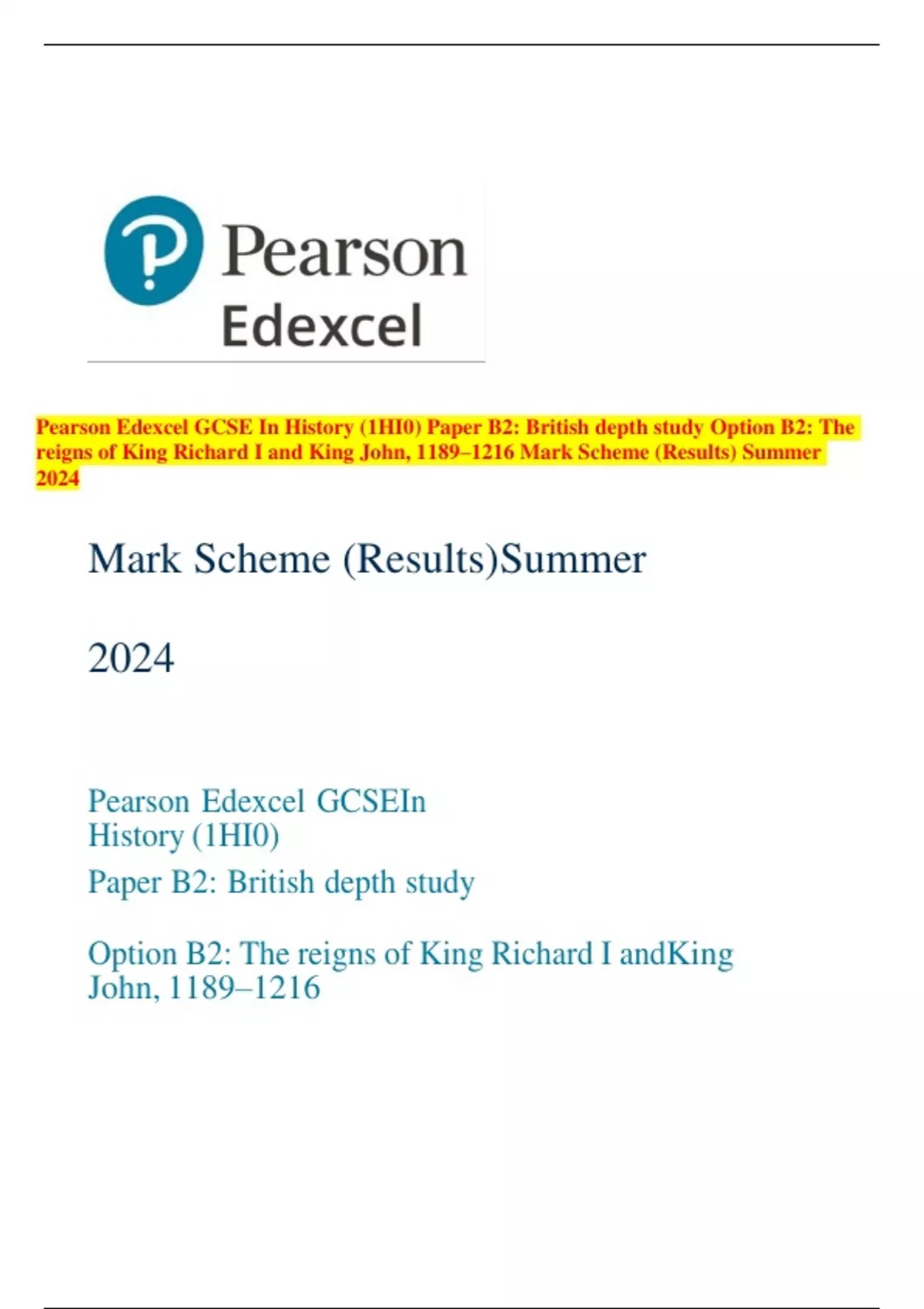 Pearson Edexcel GCSE In History (1HI0) Paper B2: British depth study ...