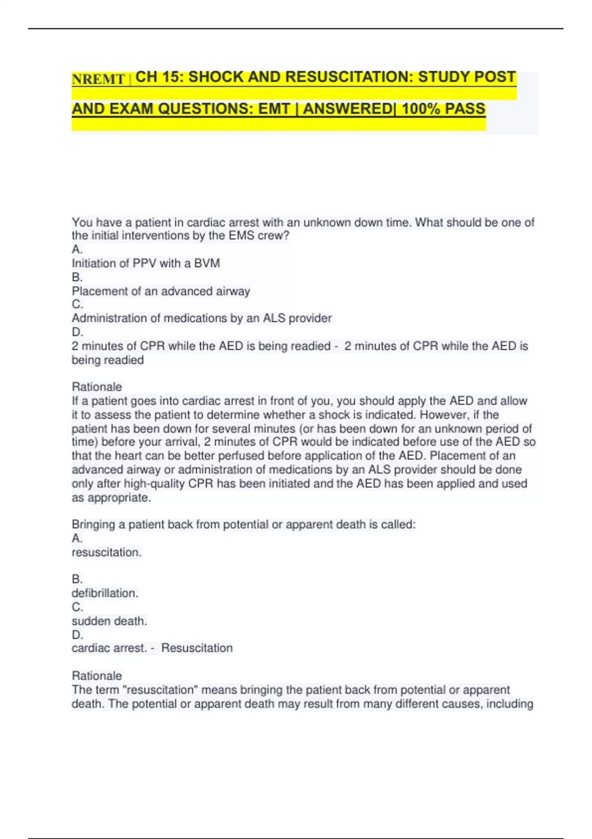 NREMT | CH 15: SHOCK AND RESUSCITATION: STUDY POST AND EXAM QUESTIONS ...