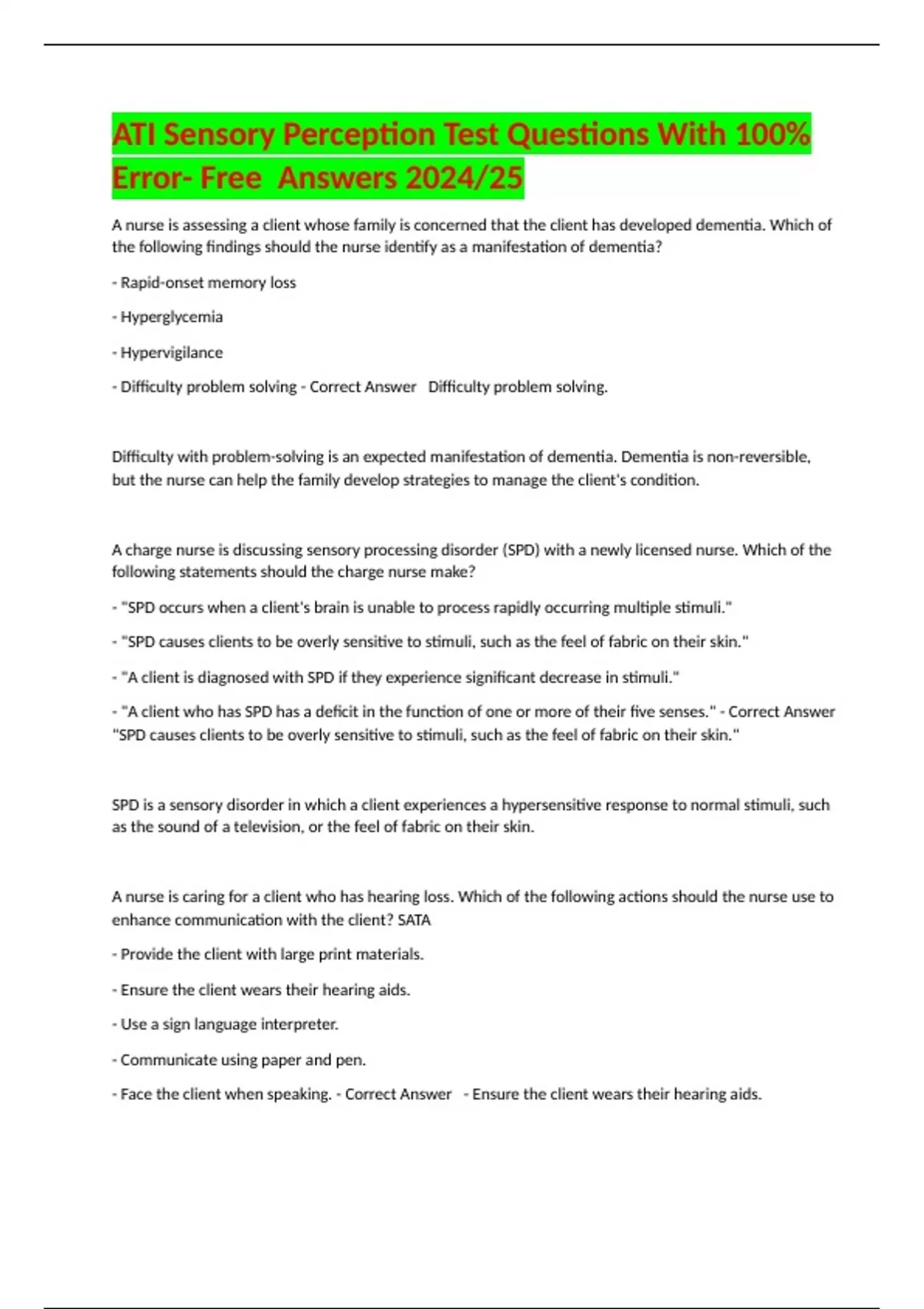 ATI Sensory Perception Test Questions With 100% Error- Free Answers ...