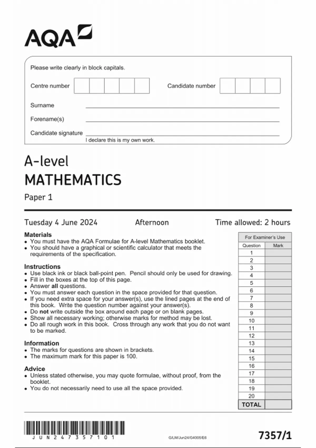 AQA A LEVEL MATHEMATICS 1, 2 AND 3 QUESTION PAPER AND FINAL MARK SCHEME ...