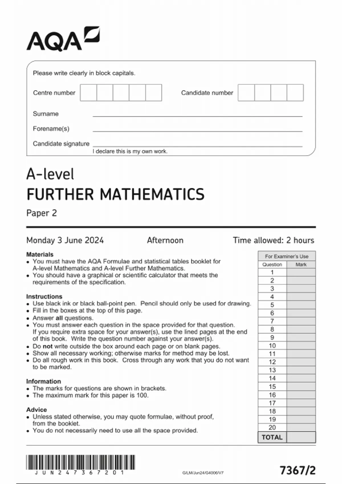 AQA A LEVEL FURTHER MATHEMATICS PAPER 2 2024 (7367/2) - AQA A LEVEL ...