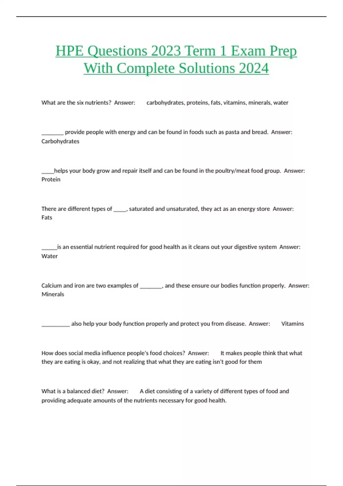 HPE Questions 2023 Term 1 Exam Prep With Complete Solutions 2024 - HPE ...