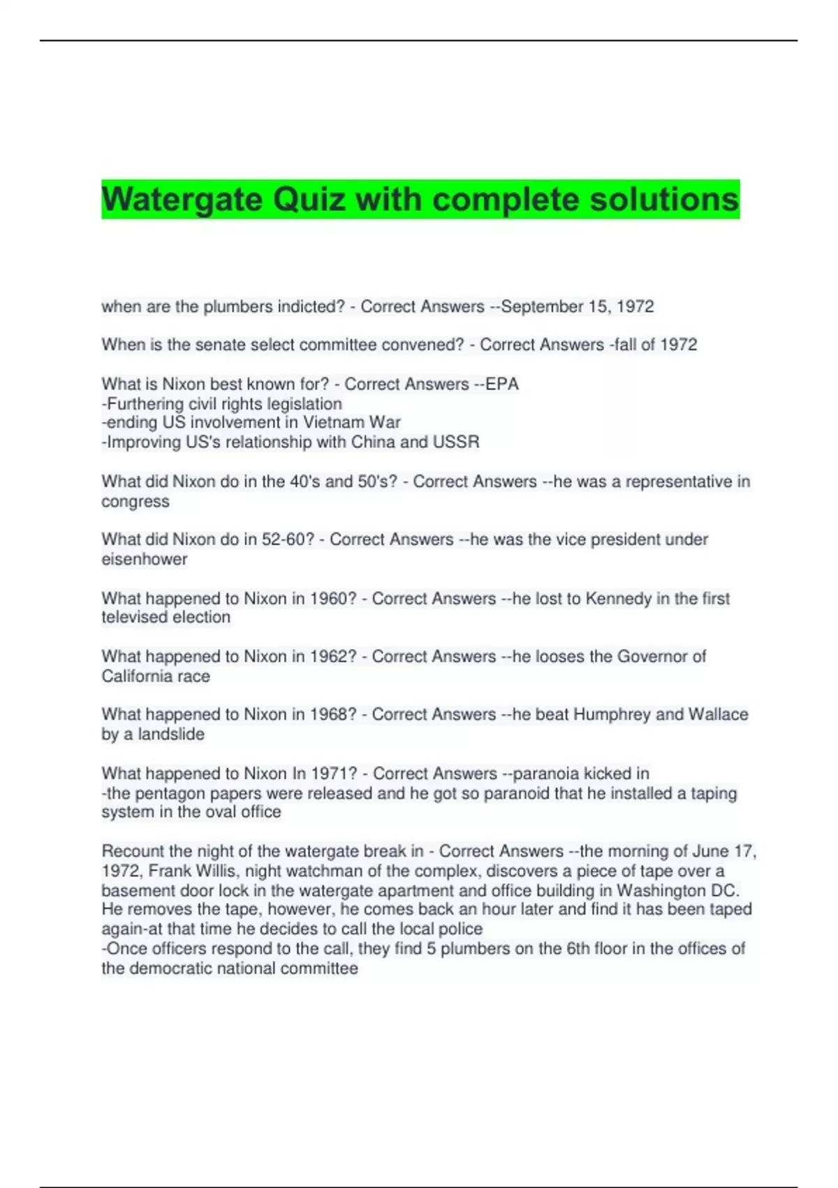 Watergate Quiz with complete solutions - Watergate - Stuvia US