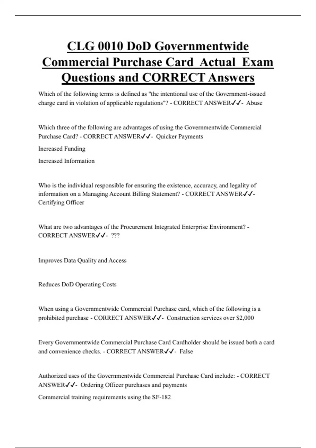 CLG 0010 DoD Governmentwide Commercial Purchase Card Actual Exam ...