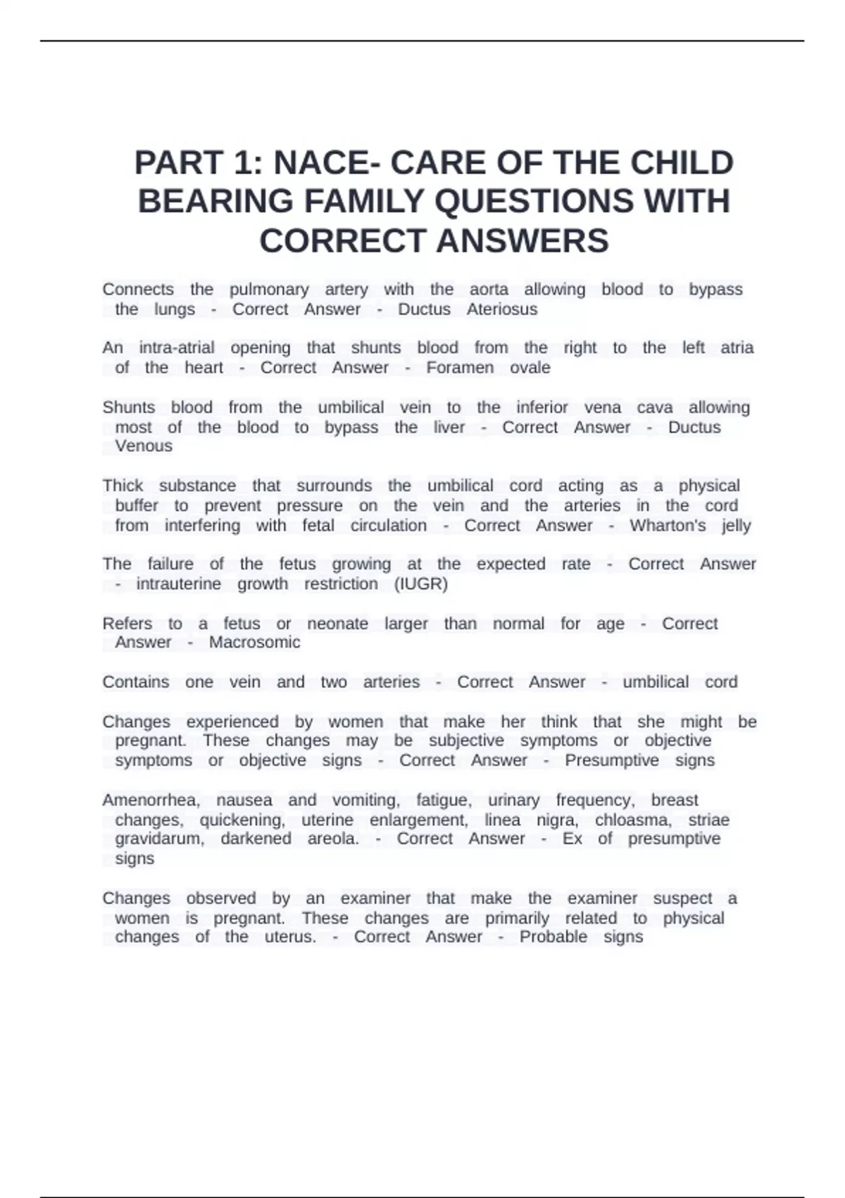PART 1 NACE- CARE OF THE CHILD BEARING FAMILY QUESTIONS WITH CORRECT ...