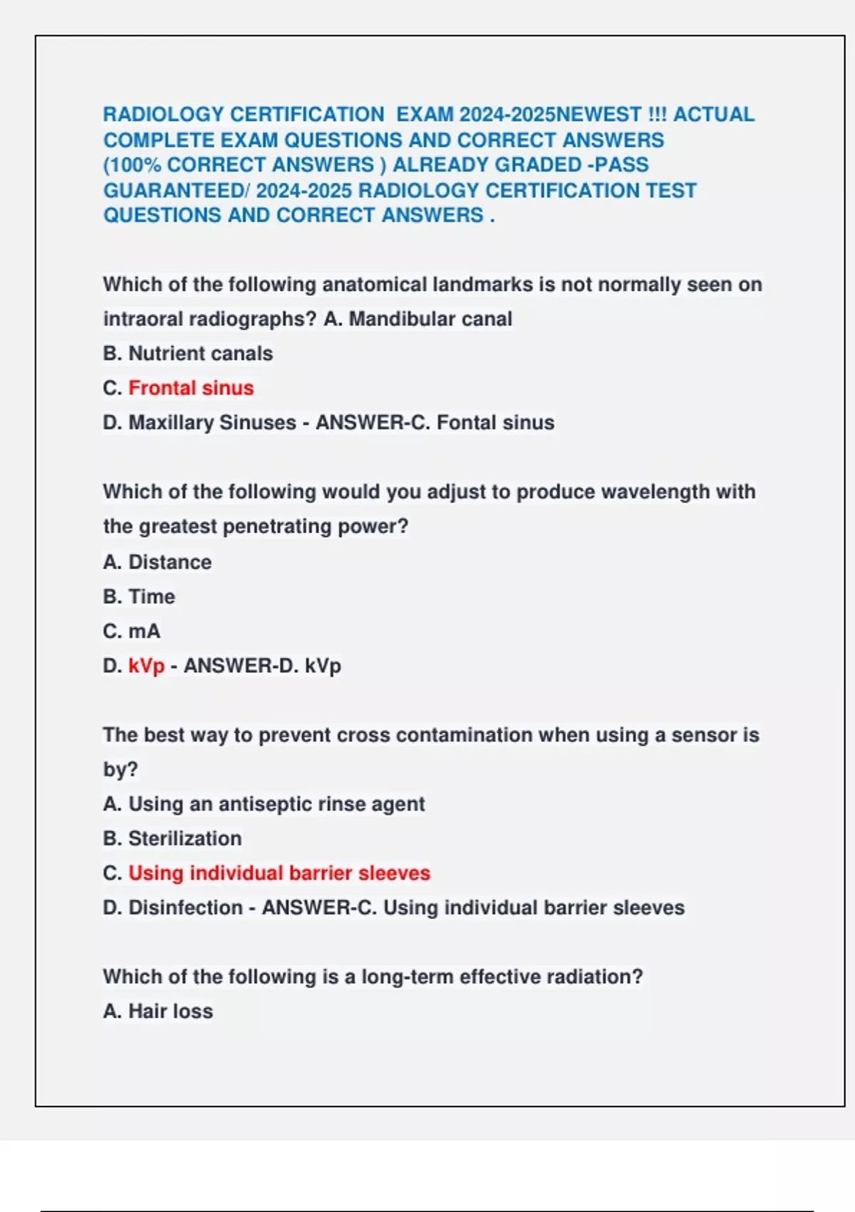 RADIOLOGY CERTIFICATION EXAM NEWEST !!! ACTUAL COMPLETE EXAM QUESTIONS AND CORRECT ANSWERS (100% ...