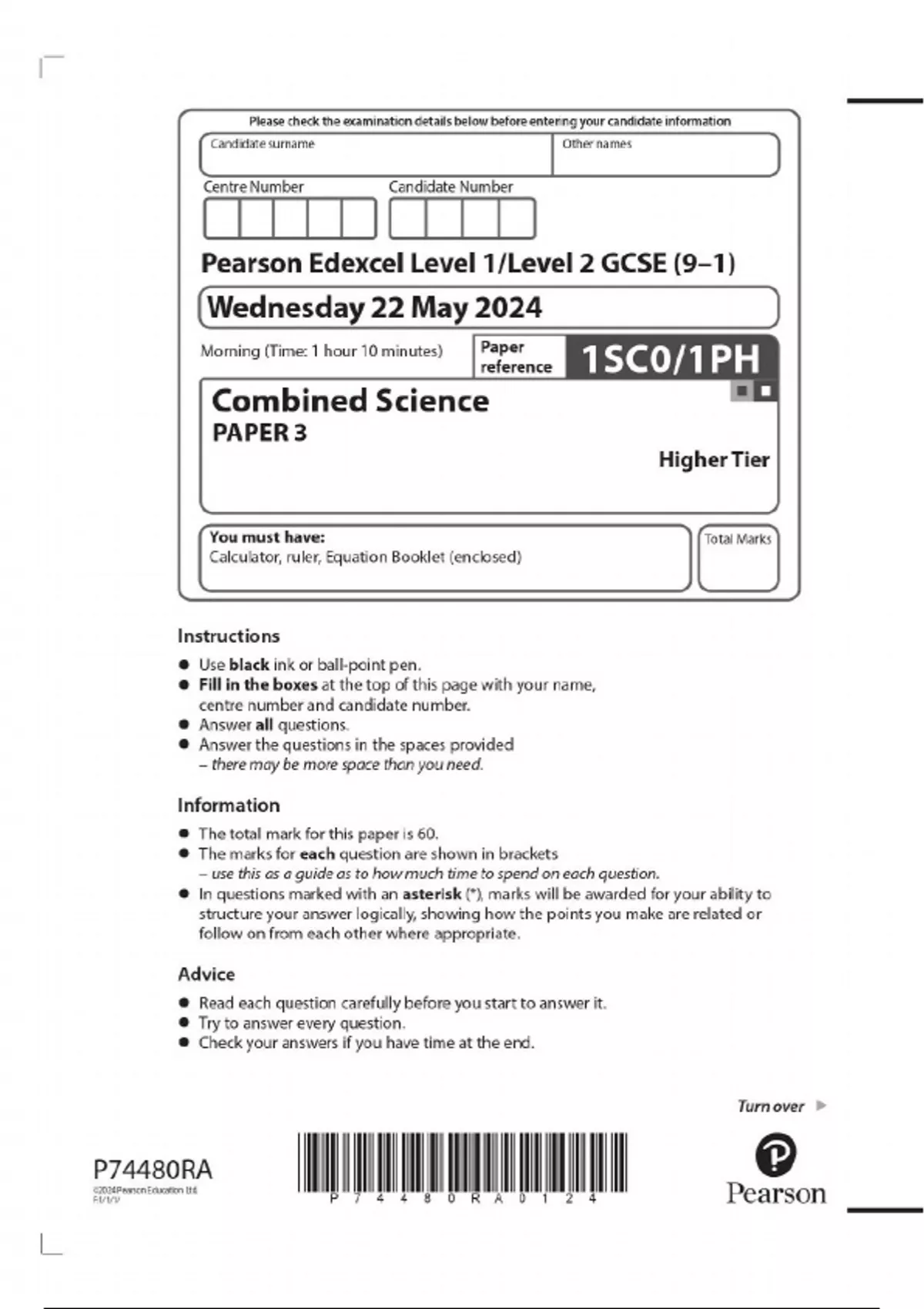 GCSE EDEXCEL 2024 Higher Combined Science Physics Paper 1 (Paper 3 ...