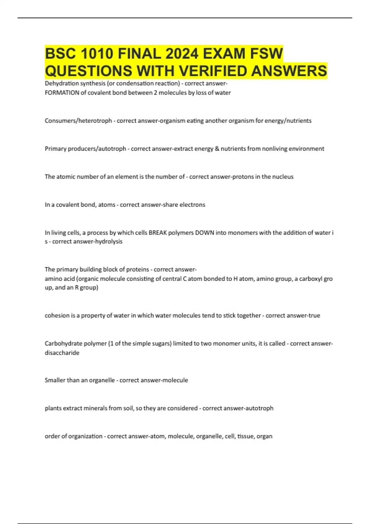 BSC 1010 FINAL 2024 EXAM FSW QUESTIONS WITH VERIFIED ANSWERS - BSC 1010 - Stuvia US