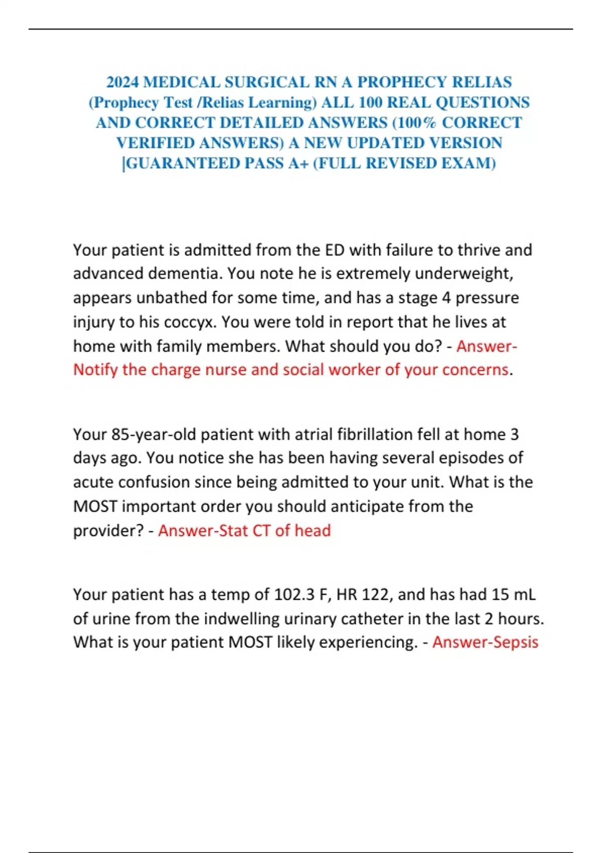 2024 MEDICAL SURGICAL RN A PROPHECY RELIAS (Prophecy Test /Relias ...