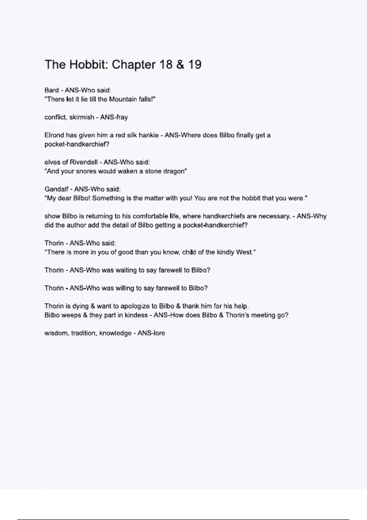 The Hobbit- Chapter 18 & 19 Questions & 100% Verified Correct Answers ...