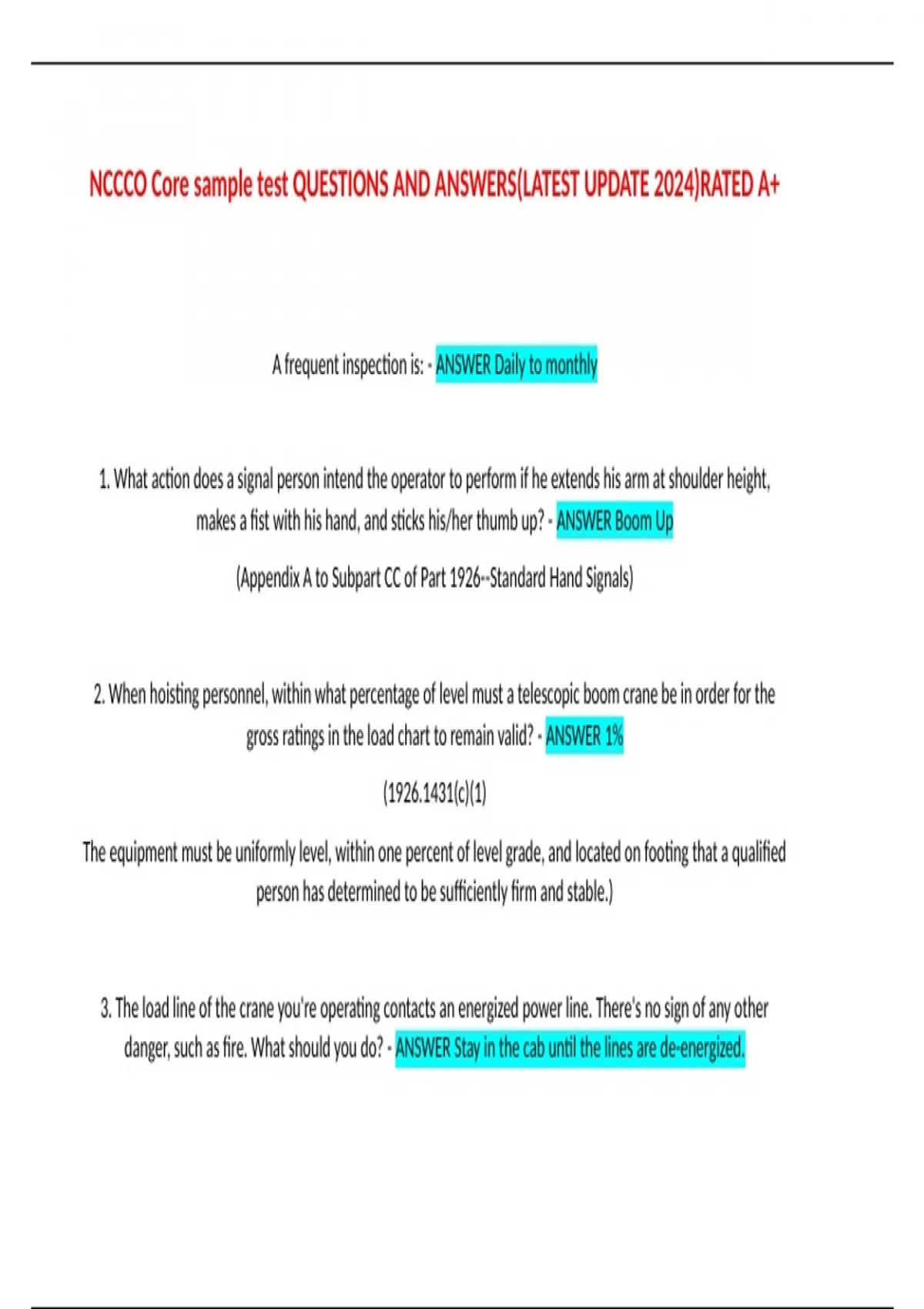 NCCCO Core sample test QUESTIONS AND ANSWERS(LATEST UPDATE 2024)RATED ...