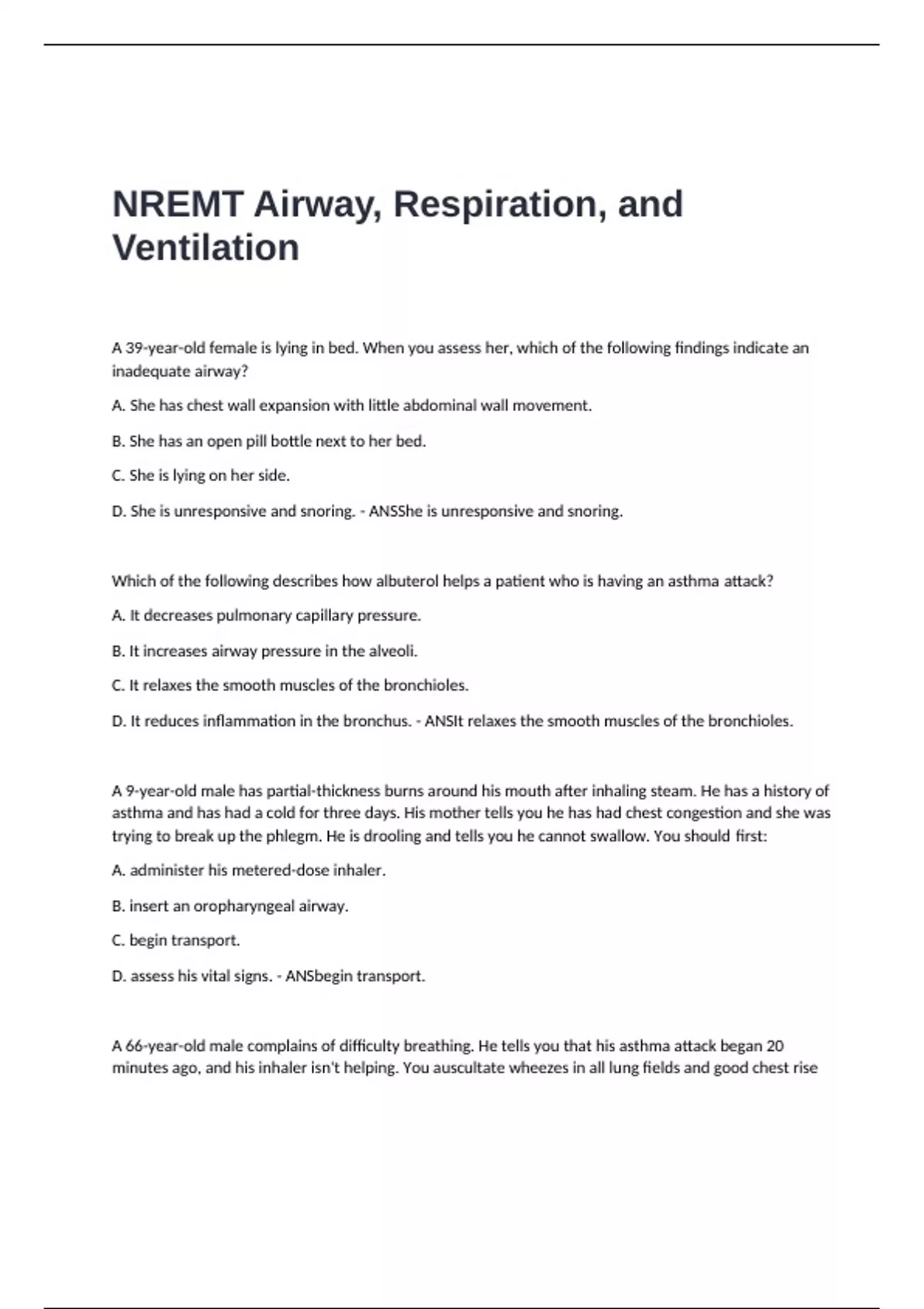 NREMT Airway, Respiration, and Ventilation Correct questions and answer ...