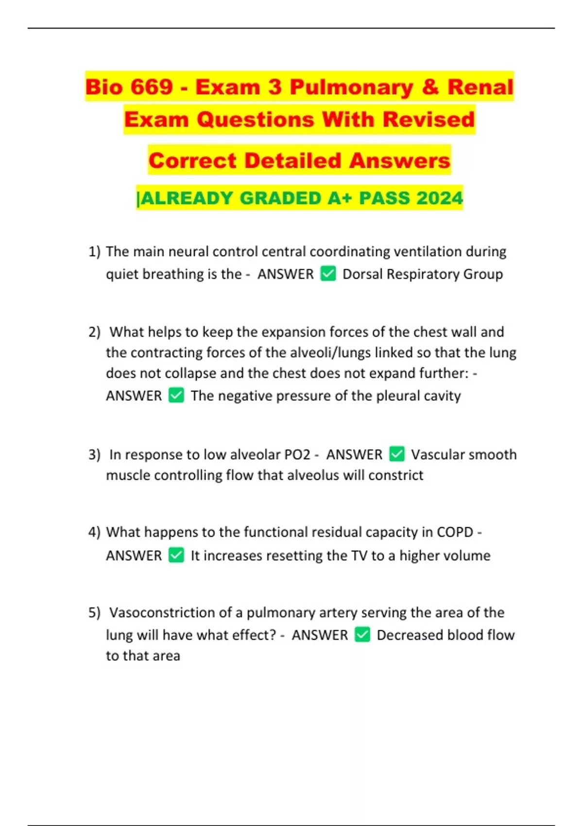 Bio 669 - Exam 3 Pulmonary & Renal Exam Questions With Revised Correct ...