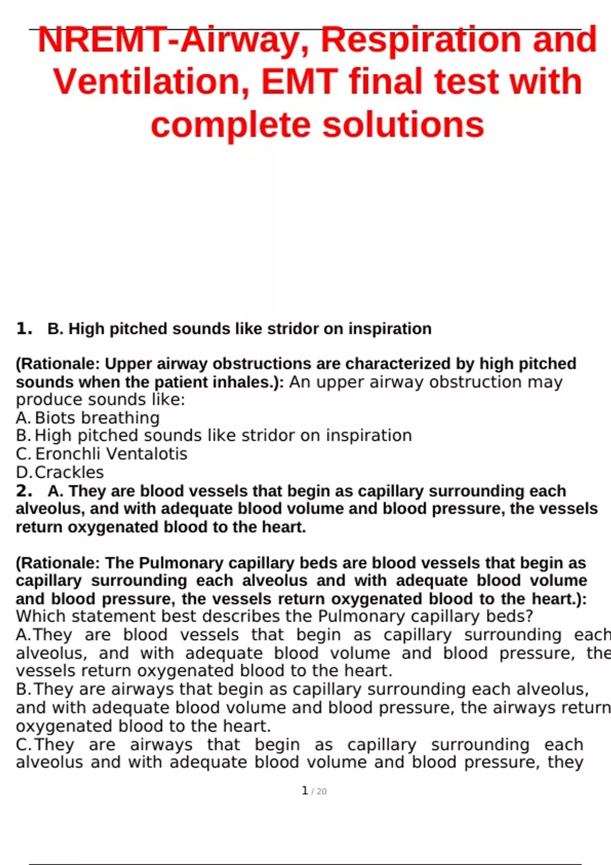NREMT-Airway, Respiration and Ventilation, EMT final test with complete ...