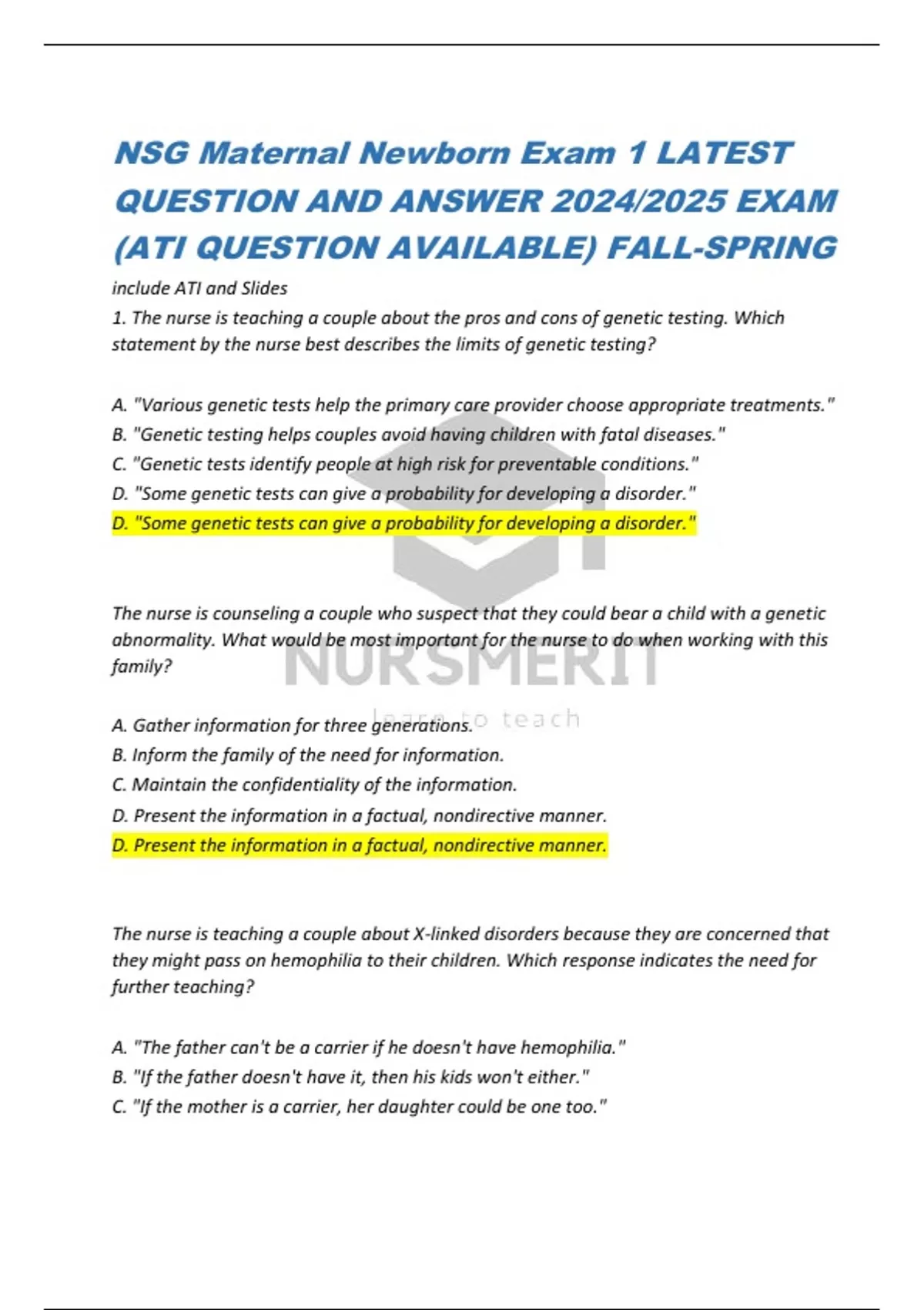 NSG Maternal Newborn Exam 1 LATEST QUESTION AND ANSWER 2024/2025 EXAM ...