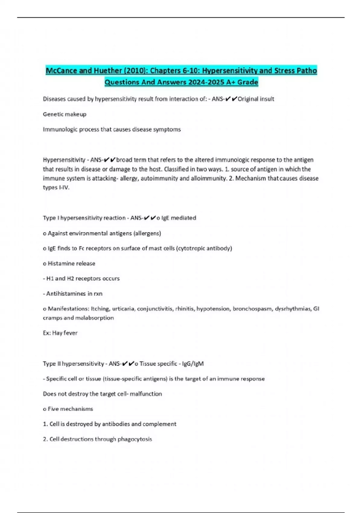 McCance and Huether (2010): Chapters 6-10: Hypersensitivity and Stress ...