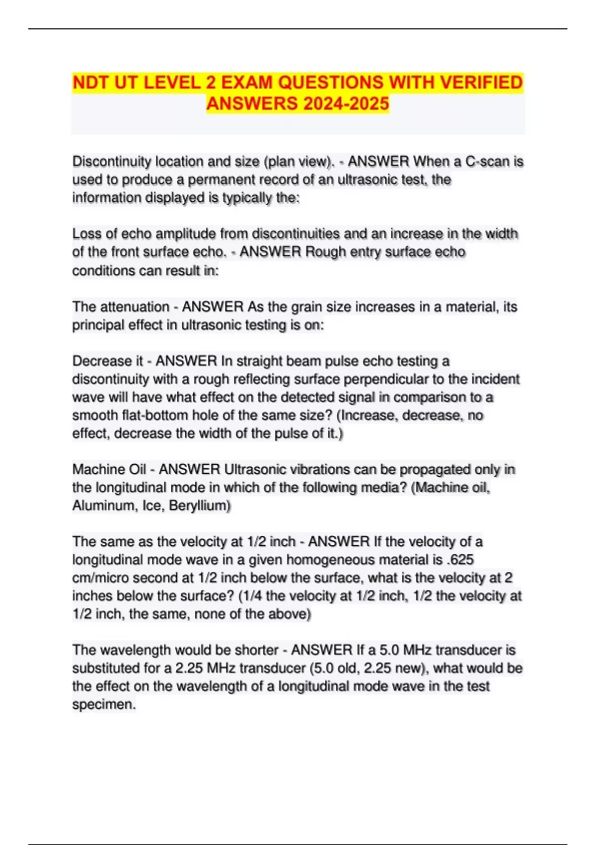 NDT UT LEVEL 2 EXAM QUESTIONS WITH VERIFIED ANSWERS - NDT UT LEVEL 2 - Stuvia US