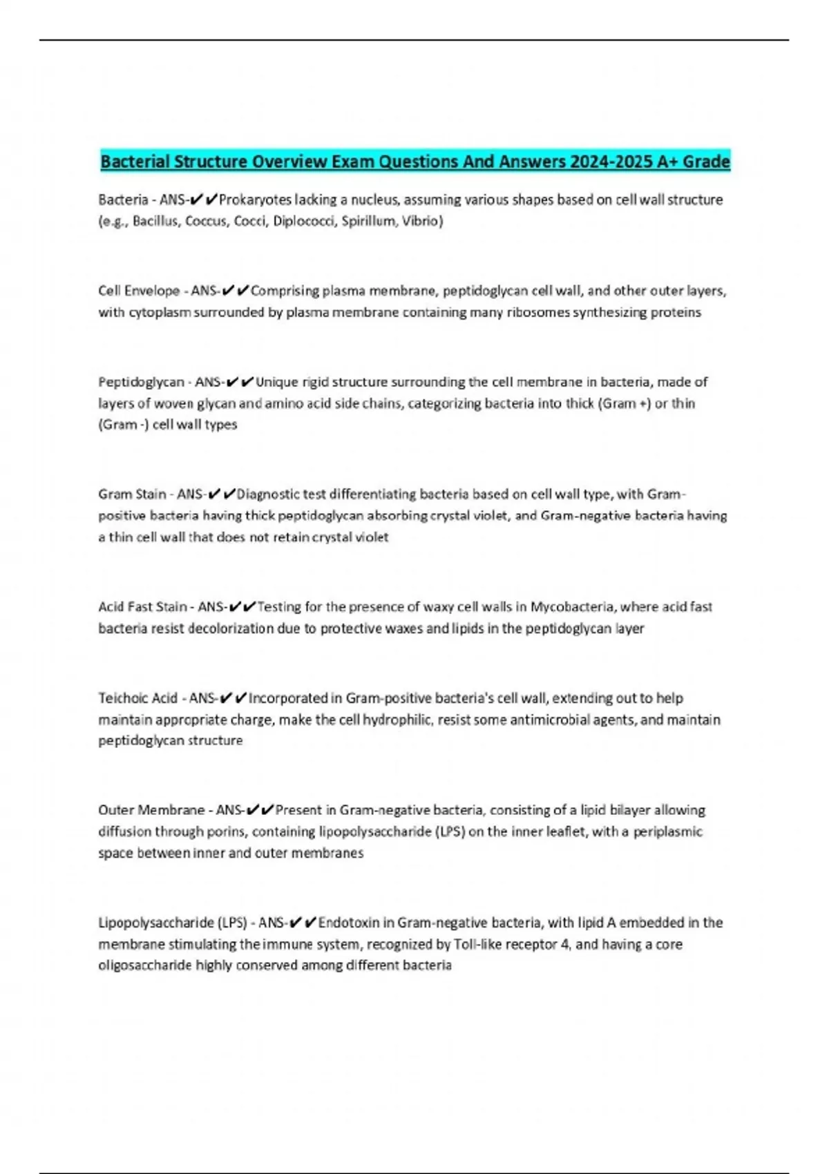 Bacterial Structure Overview Exam Questions And Answers A+ Grade ...