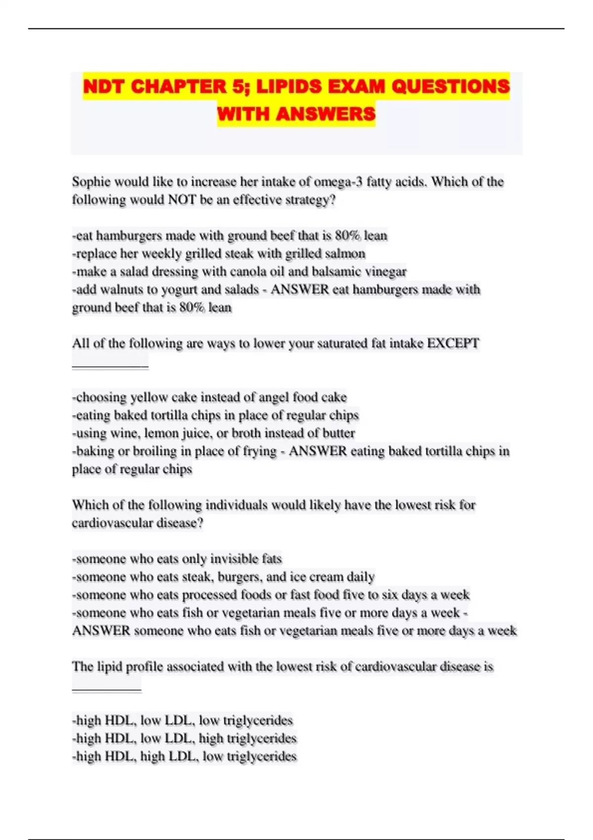 NDT CHAPTER 5; LIPIDS EXAM QUESTIONS WITH ANSWERS - NDT CHAPTER 5 ...