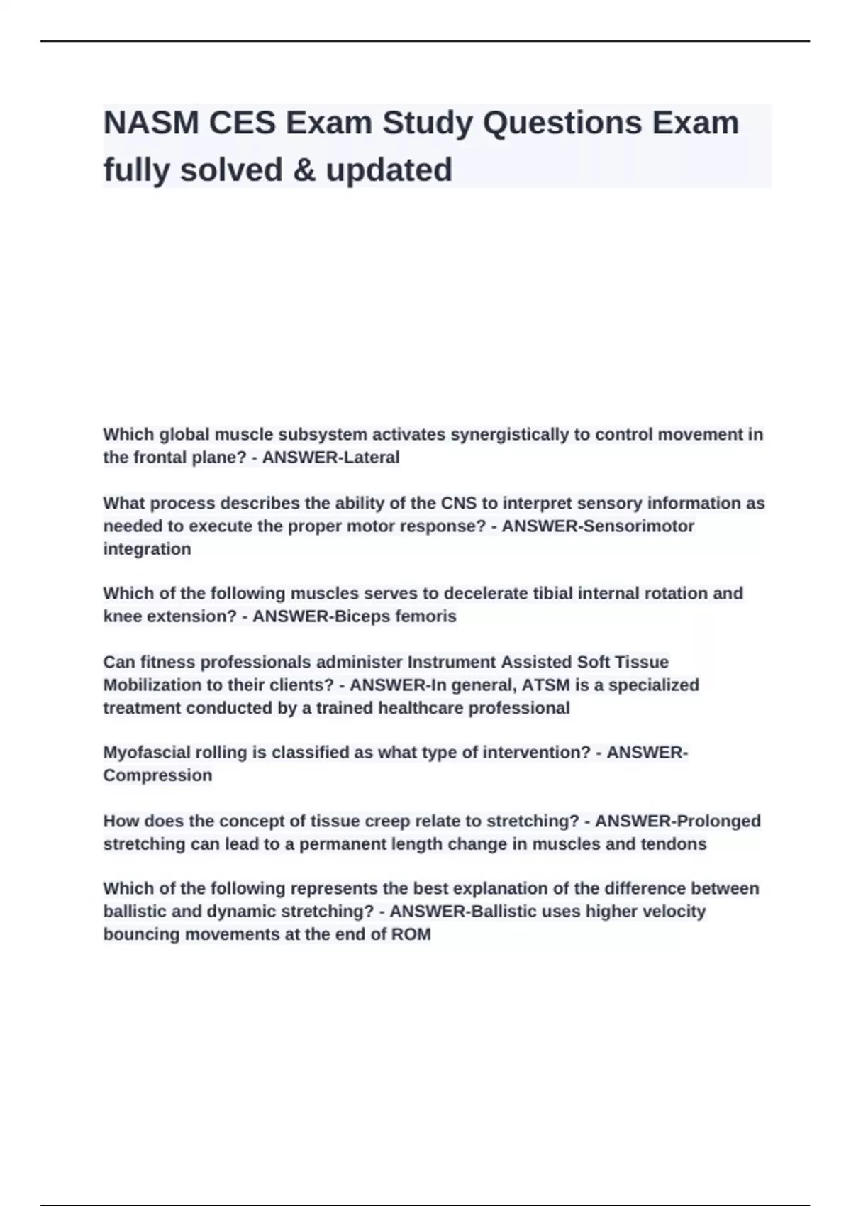 STUDY BUNDLE NASM CES Exam Study Questions Exam fully solved & updated 2024/2025 - Stuvia US