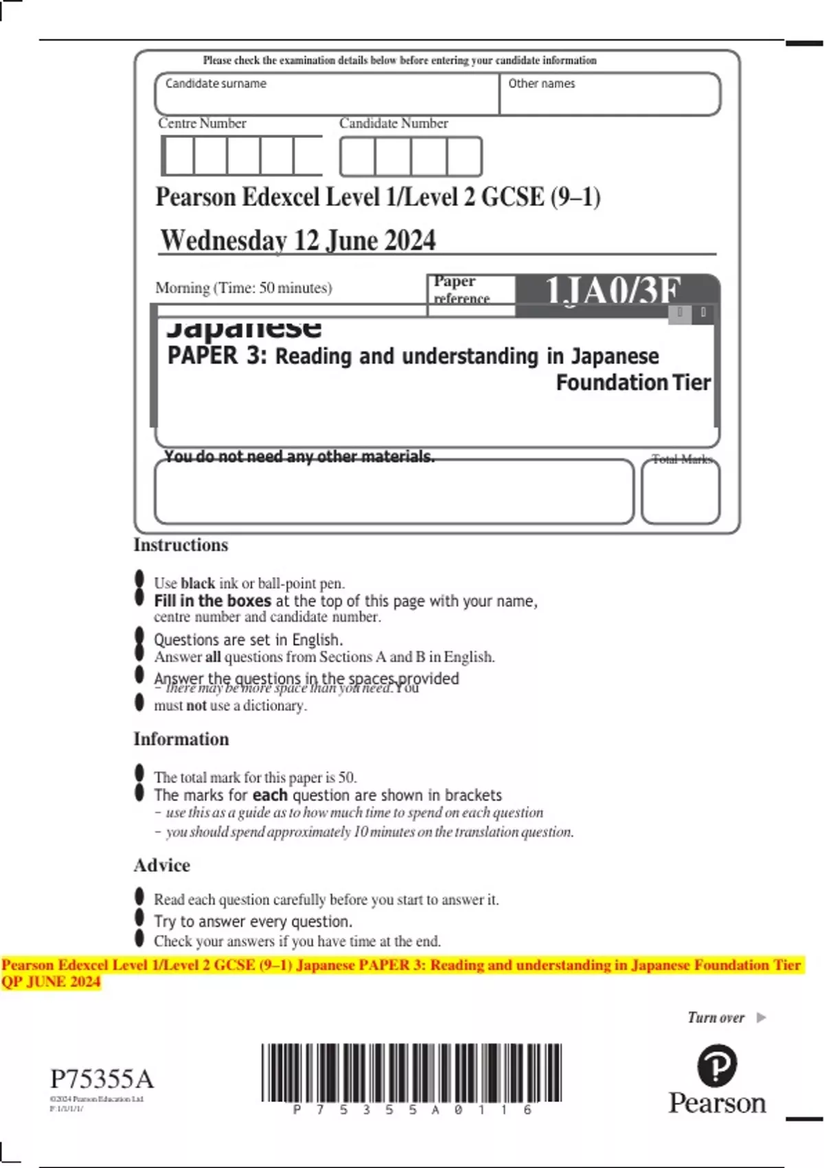 Pearson Edexcel Level 1/Level 2 GCSE (9–1) Japanese PAPER 3: Reading ...