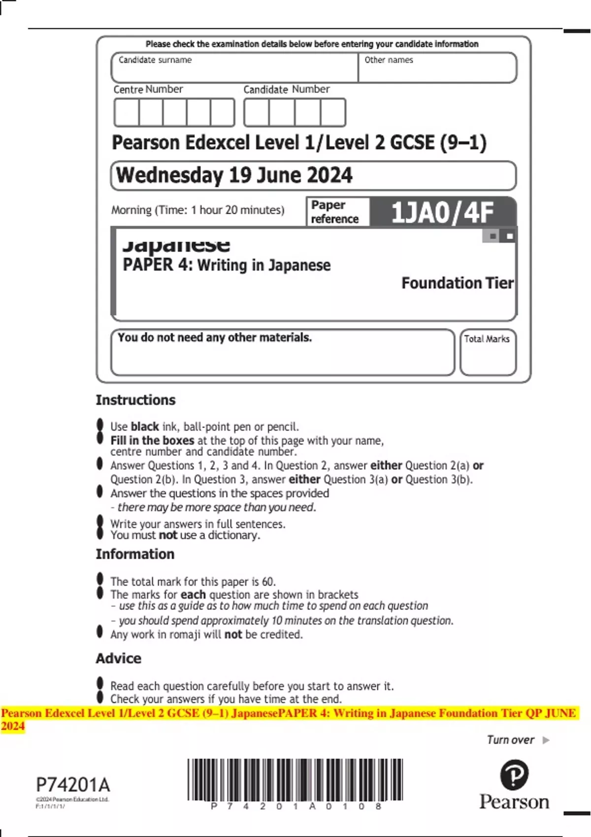 Pearson Edexcel Level 1/Level 2 GCSE (9–1) JapanesePAPER 4: Writing in ...