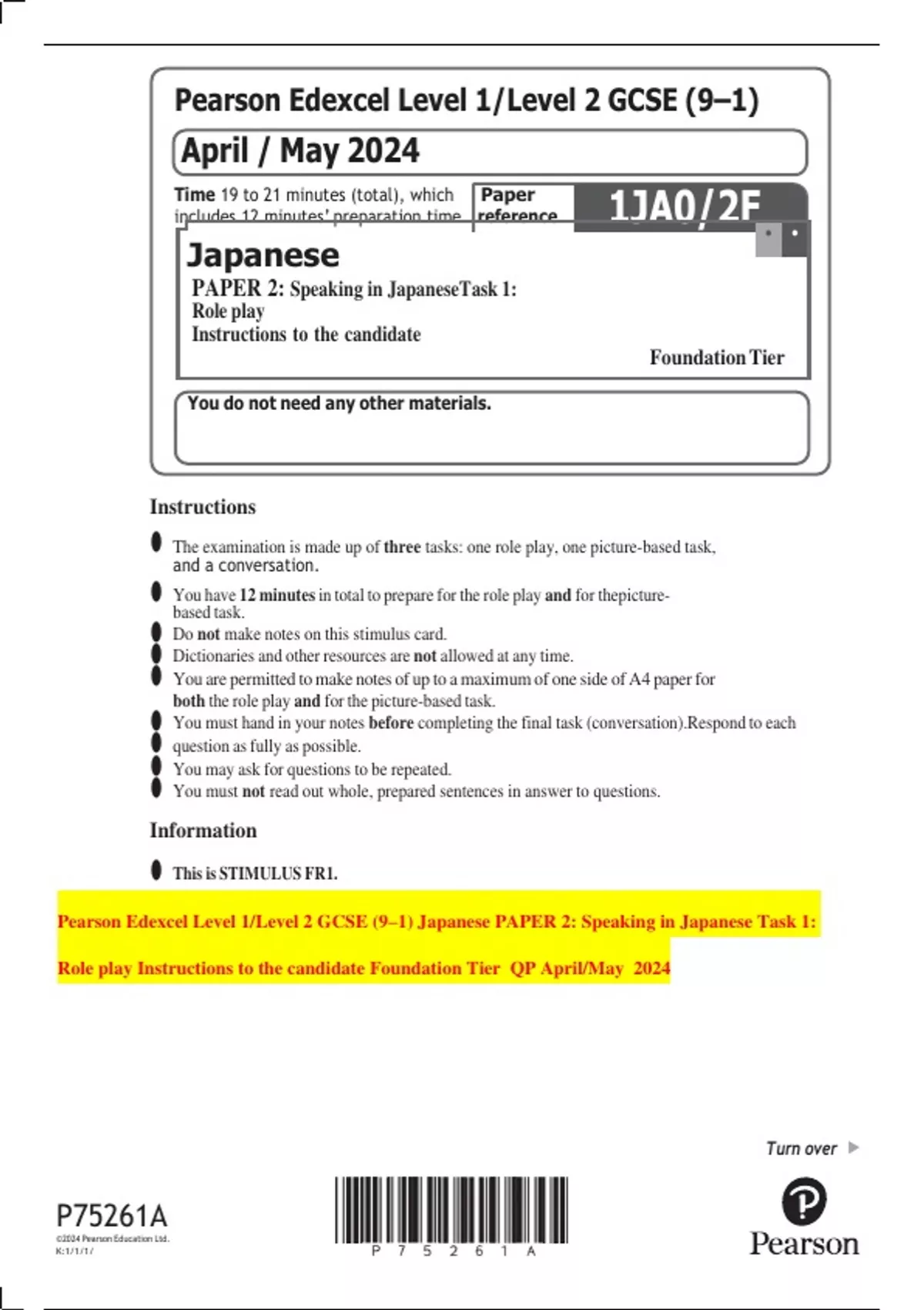 Pearson Edexcel Level 1/Level 2 GCSE (9–1) Japanese PAPER 2: Speaking ...